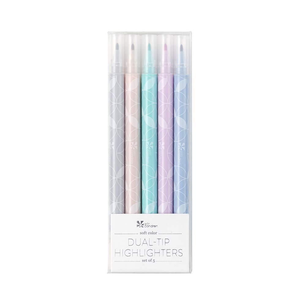 Erin Condren Designer Desk Accessories - Pastel Dual-Tip Highlighters 5-Pack. Set of 5 Pastel Dual-Tip Highlighters: Includes Blush, Orchid, Pool, Monaco and Grey Colors