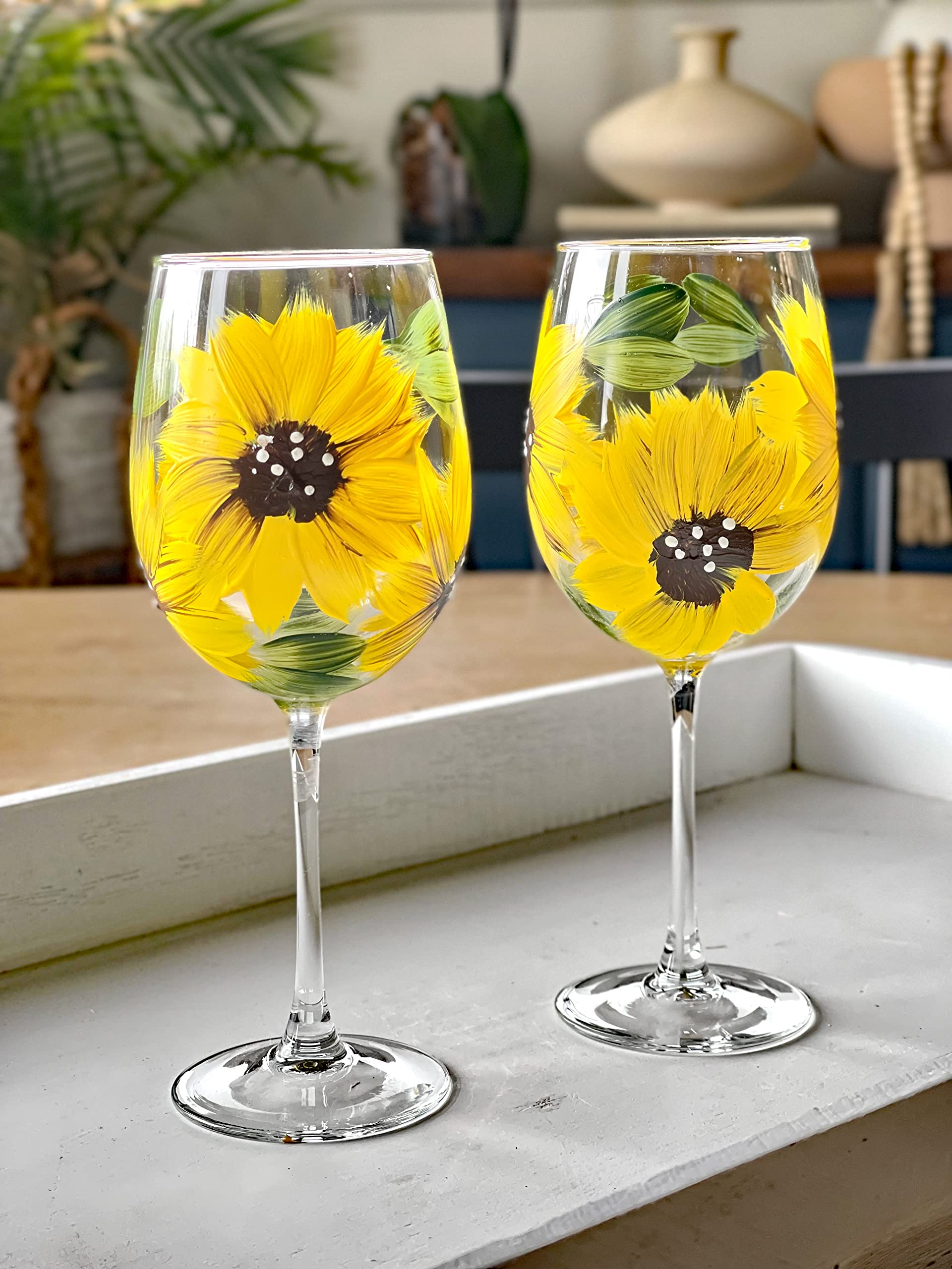 Hand Painted Sunflower Wine Glasses, 12 Ounce Stemmed Set of 2, Perfect Gift for Mom, Wine Lovers, Mothers Day, Birthday, Easter, and Christmas, Yellow and Green design, Artisian Brushes with a View