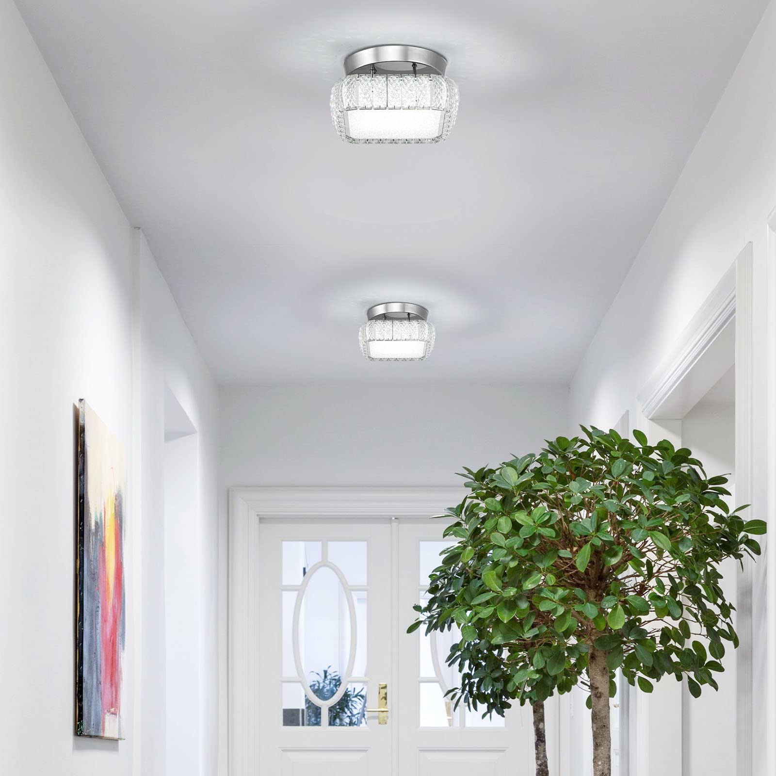 DSLITING Hallway Chandelier Small Crystal Ceiling Light LED Chandelier Bedroom Light Fixture Modern Flush Mount Ceiling Light Mini Chandelier for Bathroom Foyer Chandelier Light