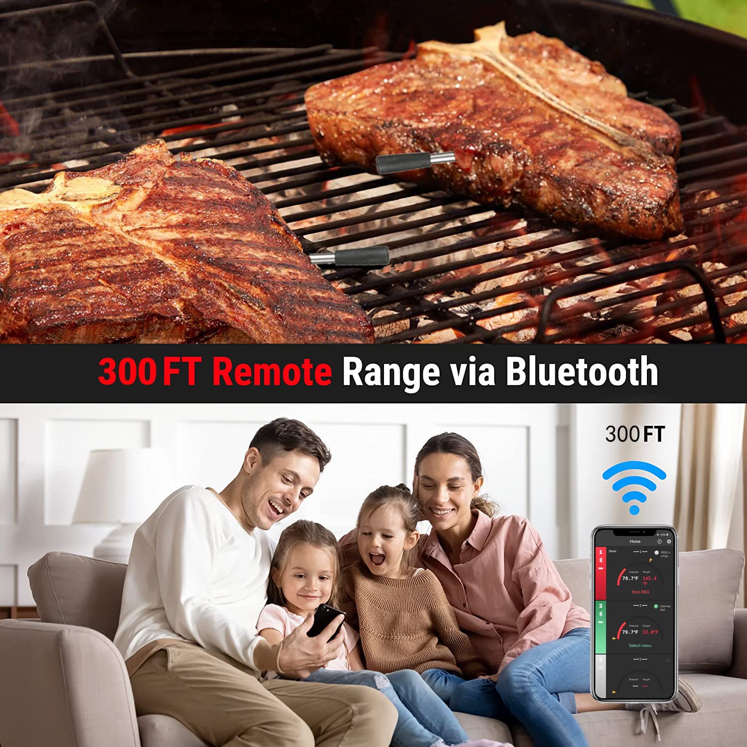 Meat Thermometer Wireless, BVRONA 300FT Bluetooth Meat Thermometer for Grilling and Smoking, IP67 Waterproof ,Dishwasher Safe for BBQ Oven Grill Smoker Cooking Gifts for Men Women