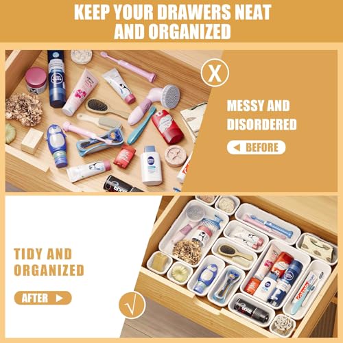 Famhap 16 PCS Desk Drawer Organizers, Versatile Bathroom and Vanity Drawer Organizer Trays, Storage Bins for Makeup, Bedroom, Kitchen Gadgets Utensils and Office(White)