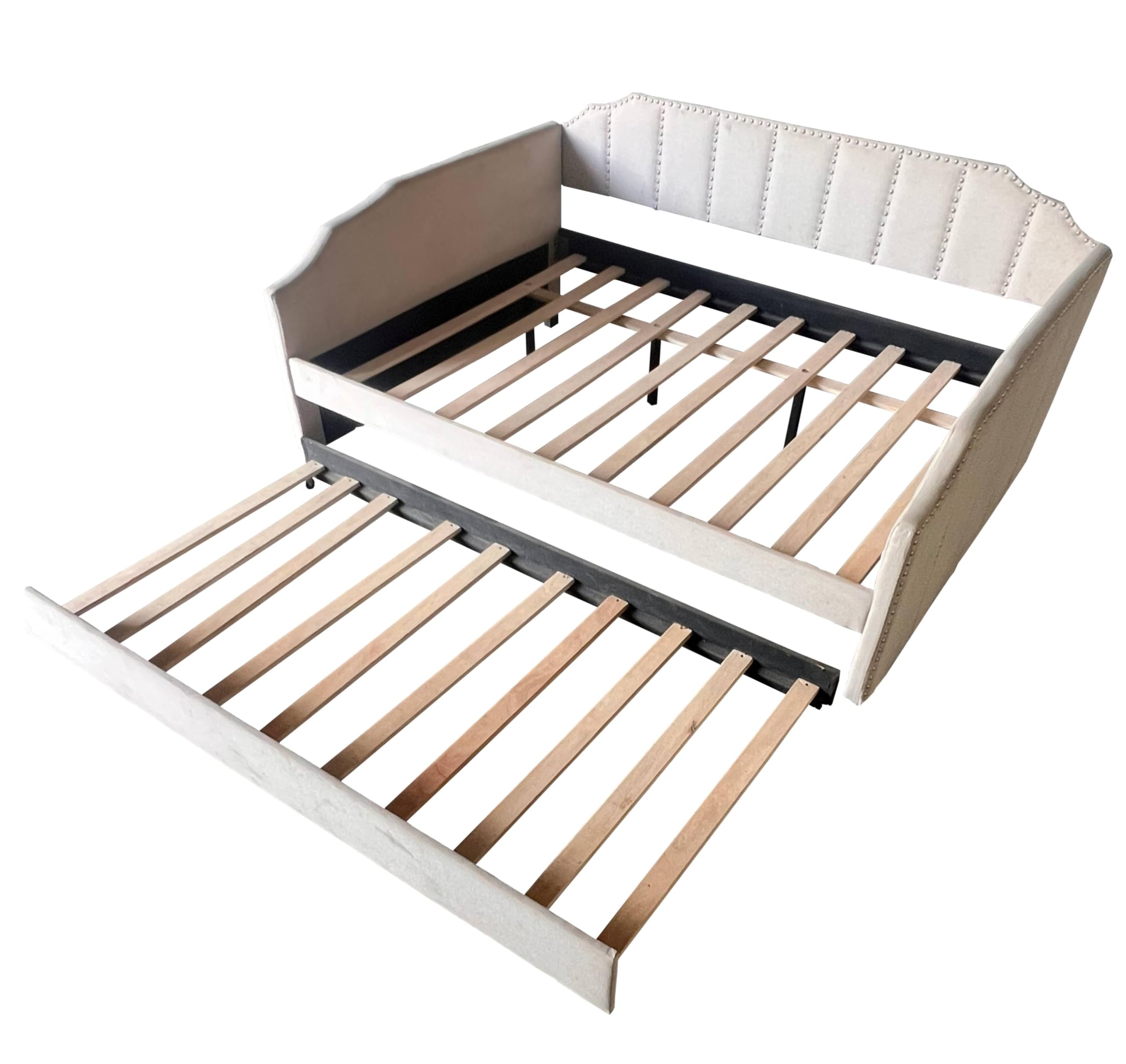 UOCFYK Full Size Upholstered Daybed with Trundle,Modern Wood Platform Bed w/Side Stripes,Space Saving Design, Wooden Slat Support, No Spring Box Need for Bedroom, Living, Guest Room,Beige