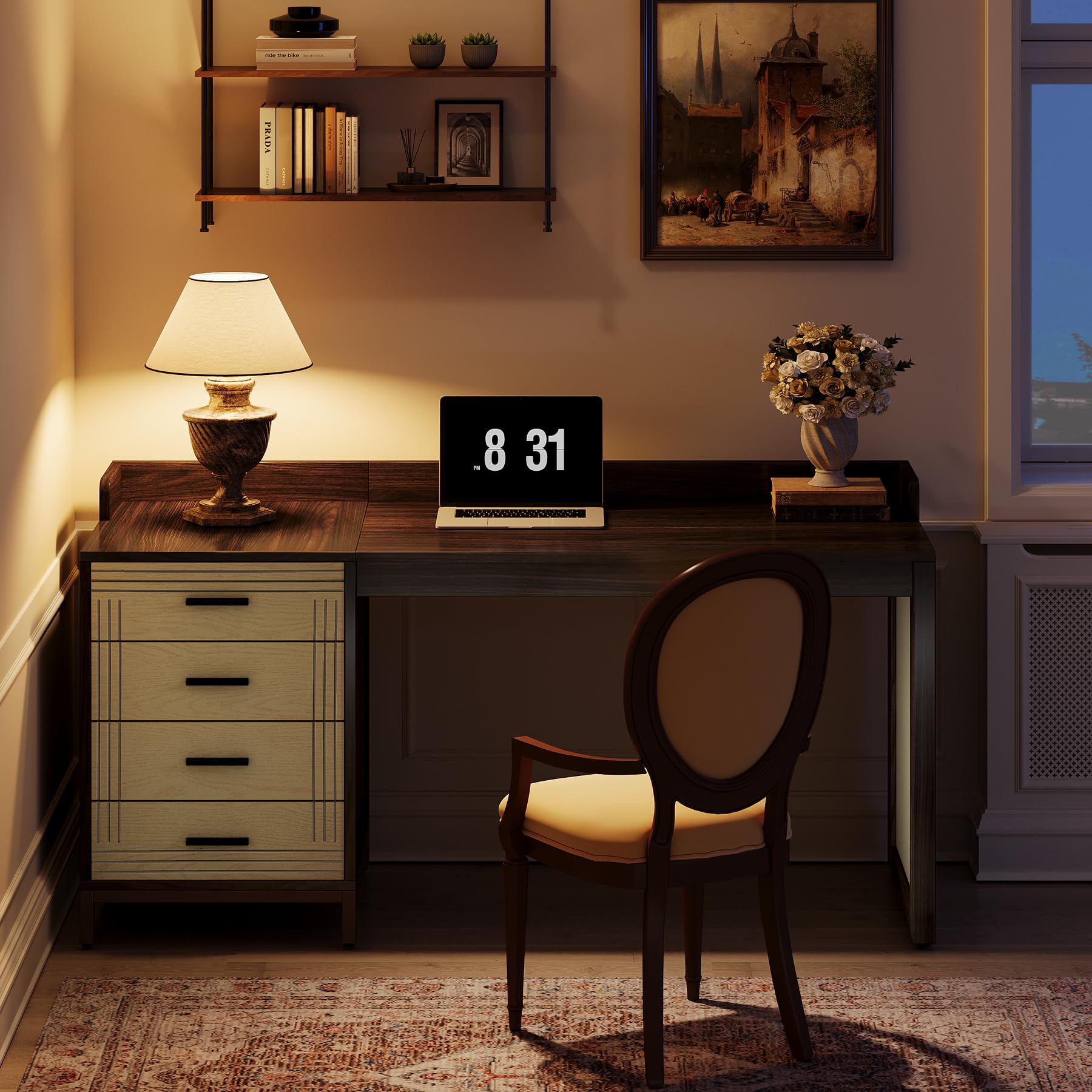 Tribesigns 61-Inch Computer Desk with 4 Drawers, Mid-Century Modern Office Desk with Storage, Wood Study Writing Table for Home Office, Study Room, Bedroom, Brown & Beige