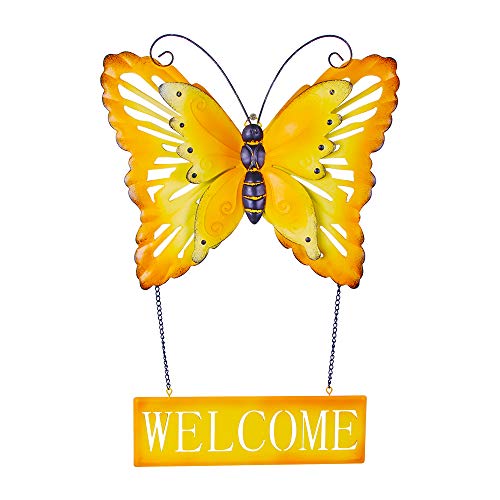 Farmhouse Wall Decor Rustic Metal Yellow Butterfly Welcome Sign Hanging Outdoor Decorations For Patio And Garden