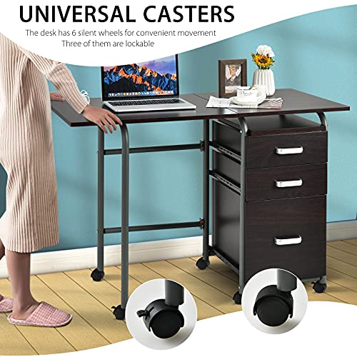 Tangkula Folding Computer Desk with 3 Storage Drawers, Mobile Home Office Desk Study Writing Desk with Smooth Wheels, Space Saving Compact Desk for Dorm Apartment, Rolling Folding Desk Table
