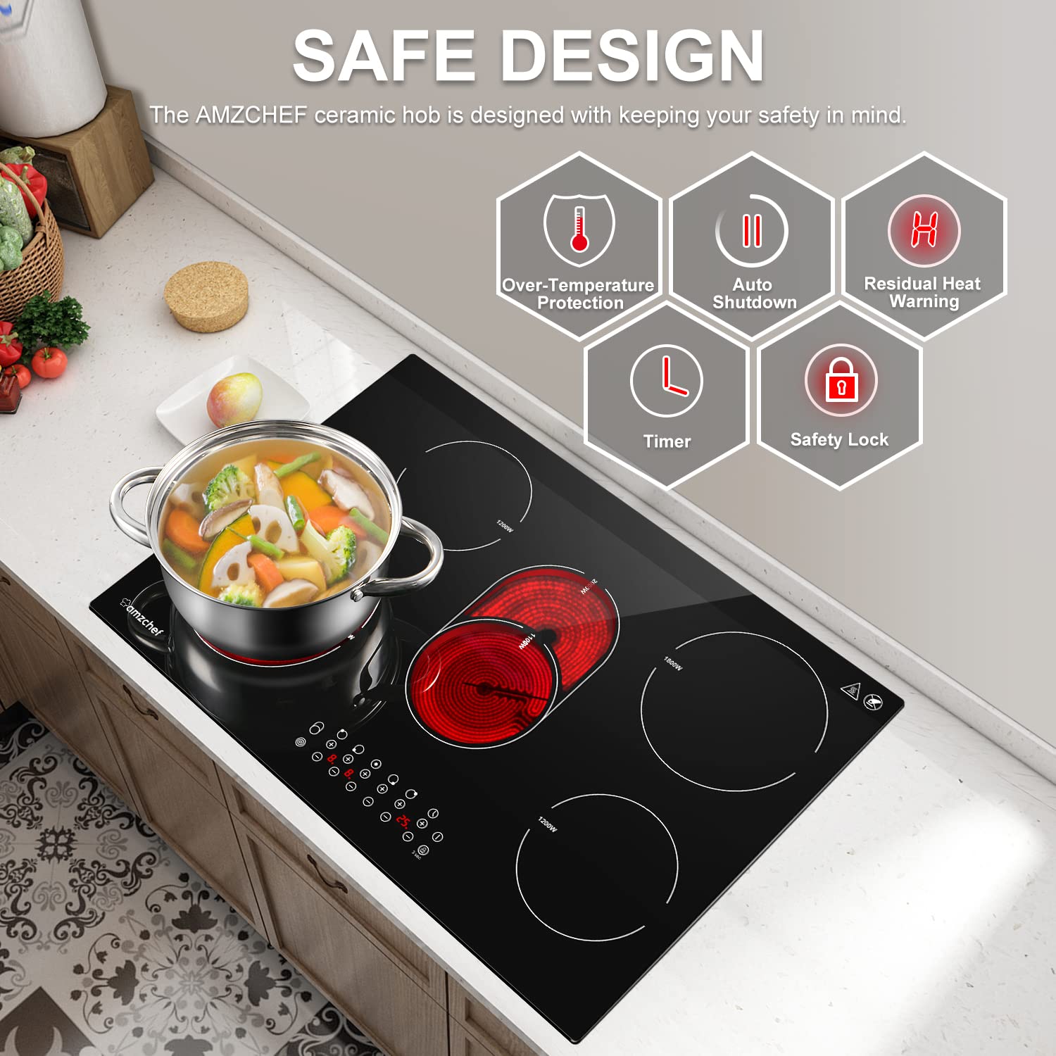 Electric Cooktop 30 Inch, AMZCHEF Built-in Electric Stove Top, 240V Countertop Stove Cooktops With 5 Burners, 9 Heating Level, Timer & Kid Safety Lock, Sensor Touch Control
