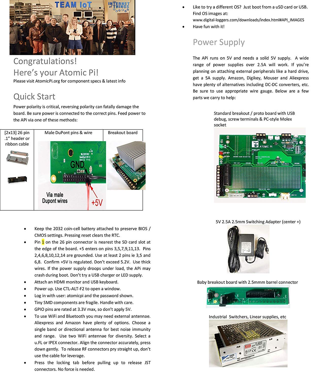 Digital Loggers, FullPower ShakaWorld Bundle: Atomic Pi with Full Breakout Board, Power Adapter and Female Barrel Jack Pigtail