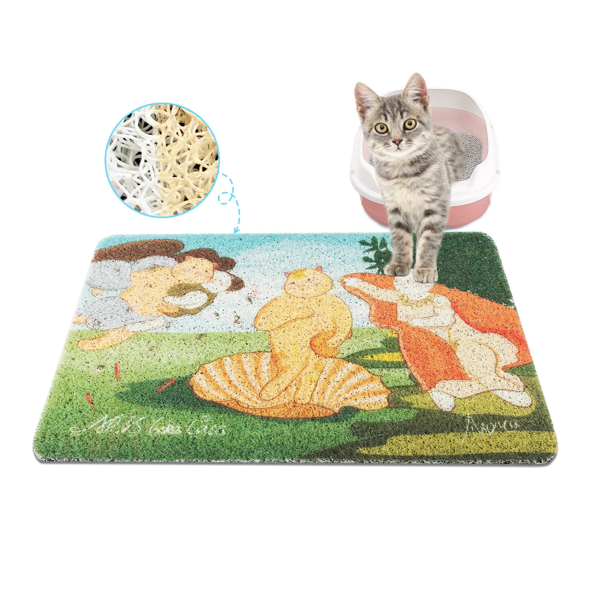 PAKEWAY Cat Litter Trapping Mat 16 x 24inch Pet Food Feeding Mat, Door Mat Easy to Clean Non Slip, Original Design Artist Cat Litter Mat Inspired by Famous Paintings