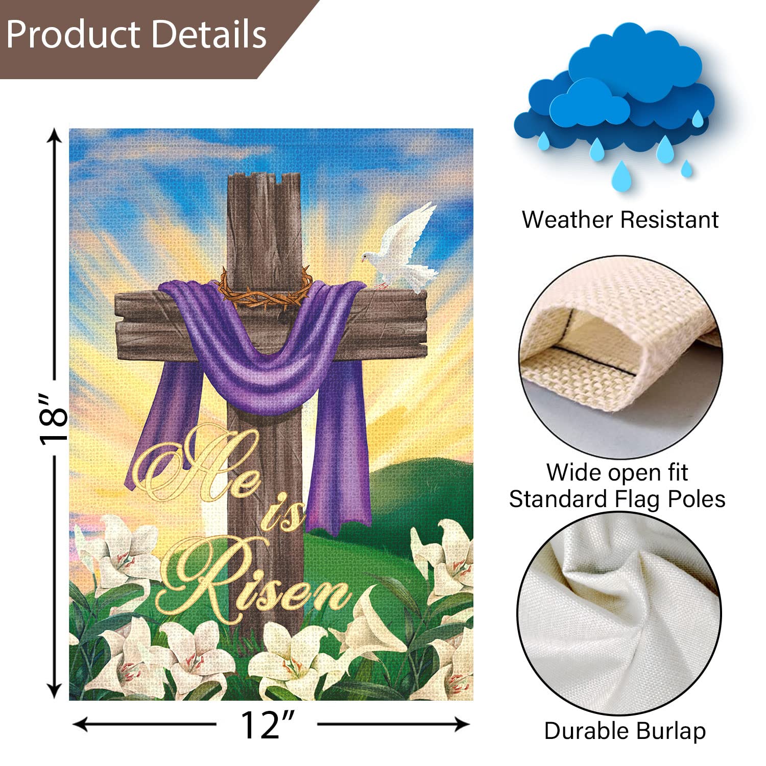 Louise Maelys Easter Garden Flag 12x18 Double Sided Burlap, Small Vertical He is Risen Easter Cross Garden Yard Flags for Easter Spring Christmas Outdoor Outside Decoration (ONLY FLAG)