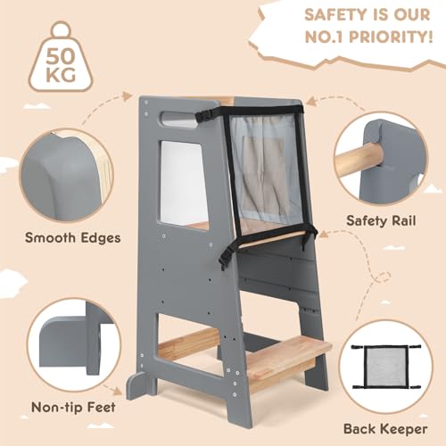 HARPPA Toddler Kitchen Stools Helper with Adjustable Height and Anti-Slip Protection, Kids Standing Tower with Safety Rail, Toddlers Step Stool with Learning Chalkboard Gray