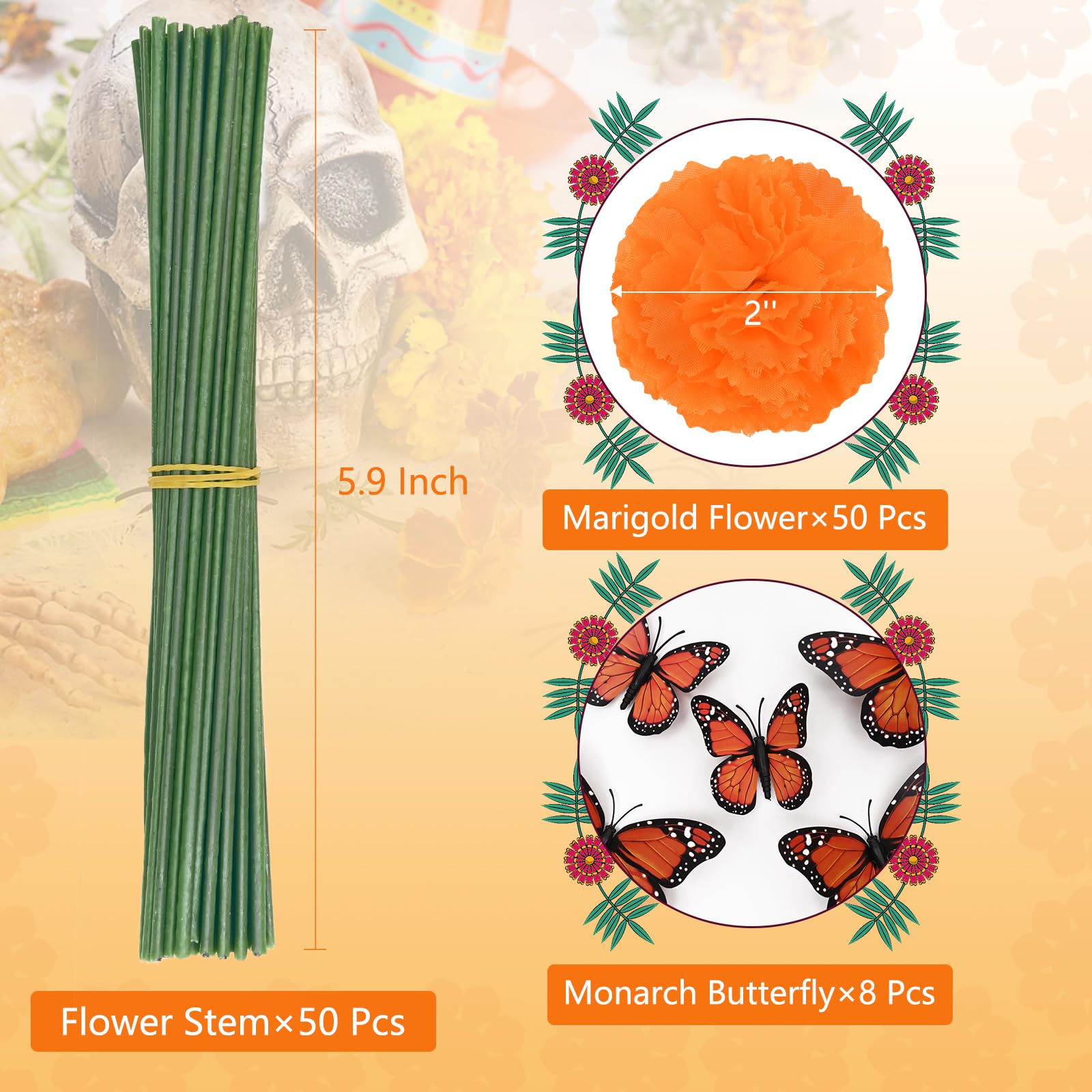 Fascidorm Marigold Flowers - 50Pcs Artificial Marigold Flowers with Stems, 2'' Silk Orange Marigolds for Day of The Dead Altar Wedding Diwali Decorations