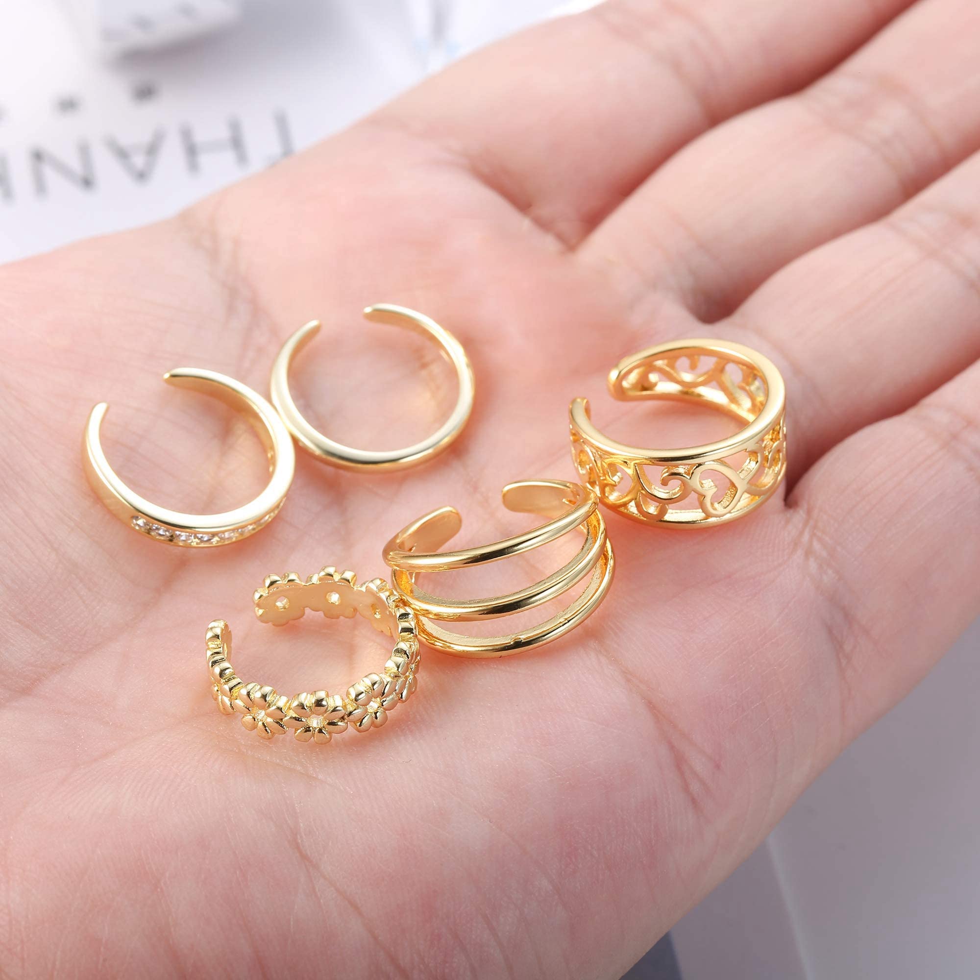 FUNRUN JEWELRY 5PCS Adjustable Toe Ring for Women Open Tail Ring Band Hawaiian Foot Jewelry Gold Tone