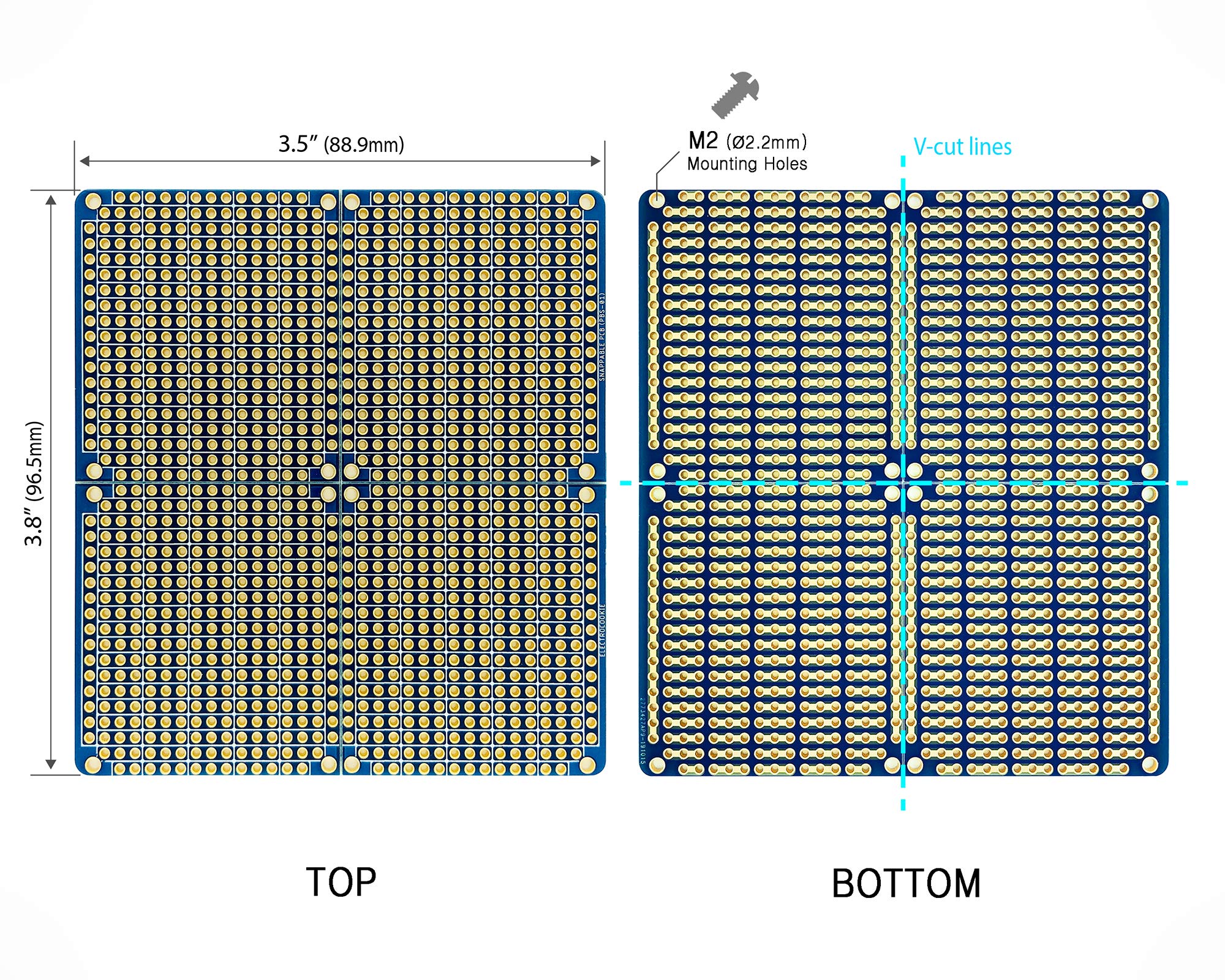 ElectroCookie Snappable PCB, Strip Board with Power Rails for Electronics Projects Compatible for DIY Arduino Soldering Projects, Gold-Plated, 3.8"x3.5" (3 Pack, Blue)