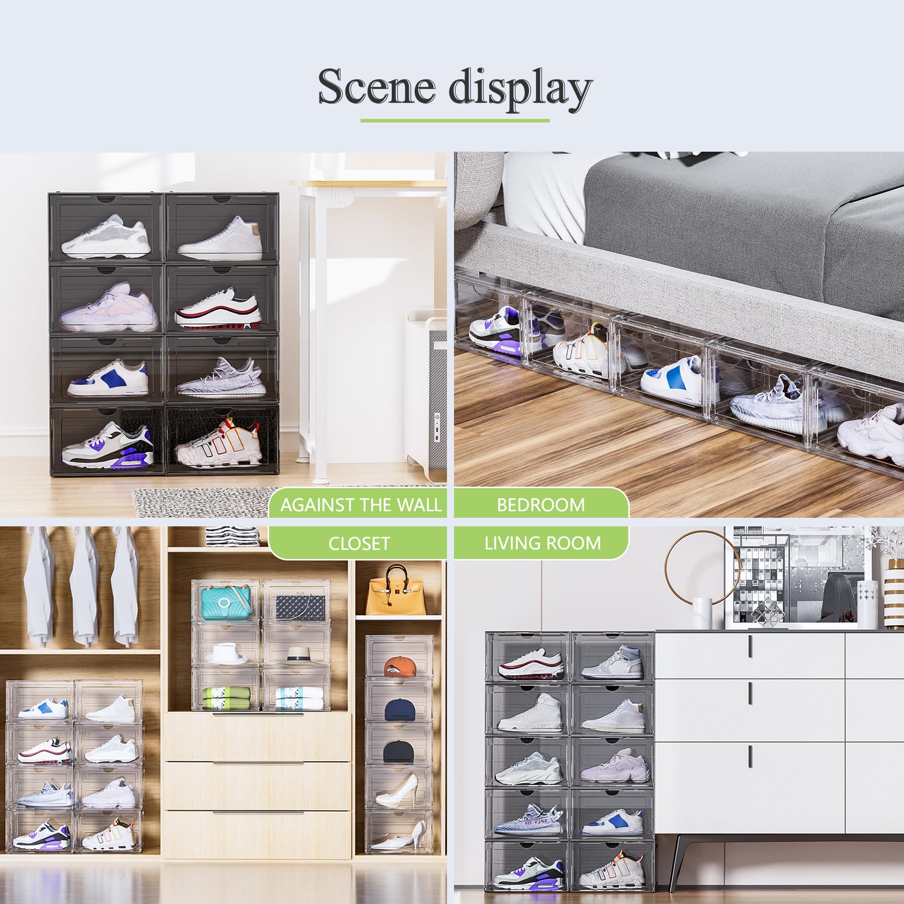 OMOPIN XL Shoe Storage Box,8 Pack Drop Side Shoe Boxes Clear Plastic Stackable,Sneaker Display Case with Magnetic Door Fit up to US 13(13.4”x 10.6”x 8.3”(8 Pack Clear)
