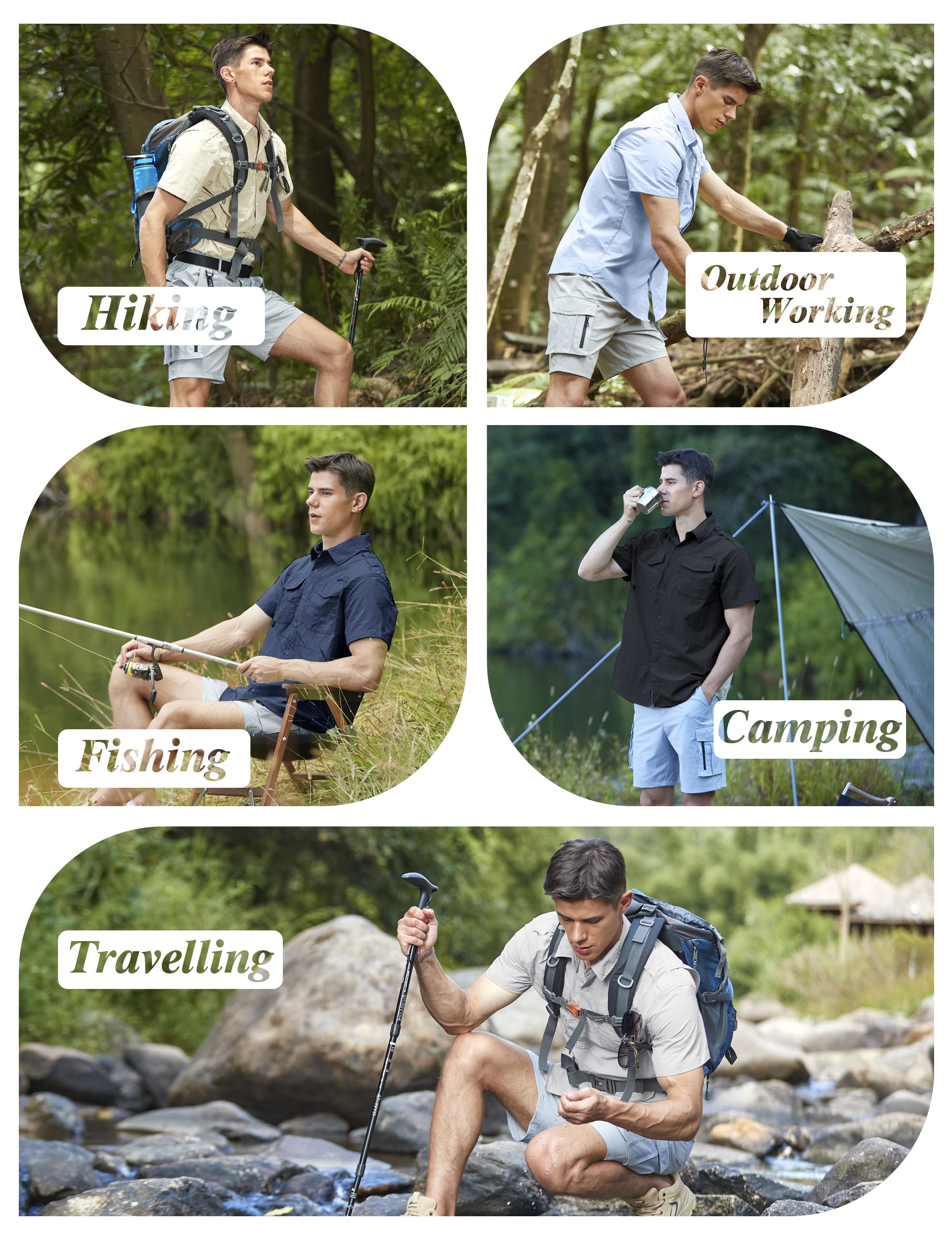 Mens Short Sleeve Fishing Shirts UPF 50+ Sun Potection UV Shirts for Hiking Button Down Shirts with Velcro Pockets for Work Black