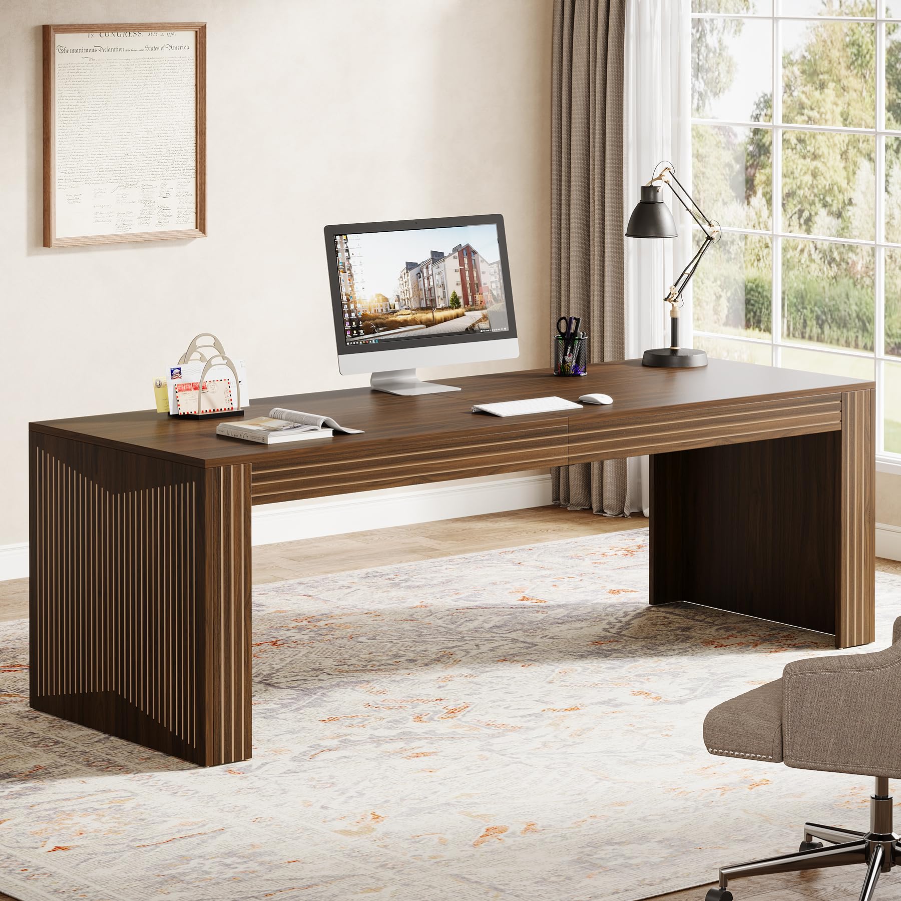 Tribesigns 79-Inch Extra Long Desk, Two Person Desk Double Desk for Home Office, Wooden Long Computer Desk, Writing Table Study Desk for Office, Brown