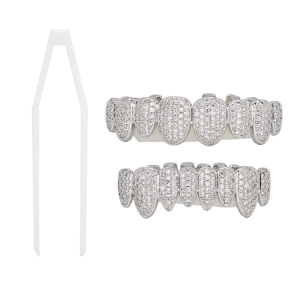 Grillz Teeth, Teeth Set Hip Hop Prop Teeth Accessory Decoration for Halloween Party Gift (Silver Suit)