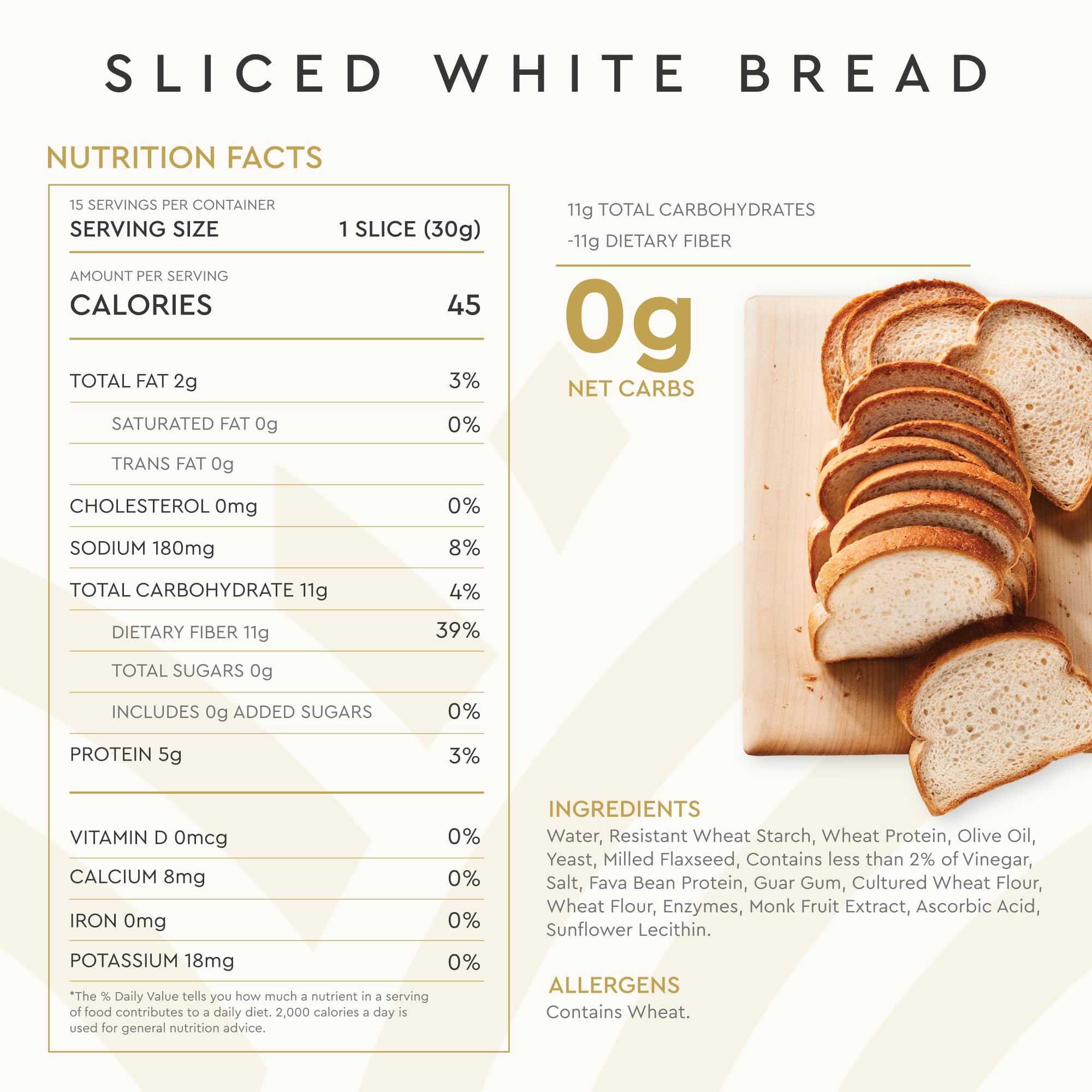 Hero Classic White Bread β Delicious Bread with 0g Net Carb, 0g Sugar, 45 Calories, 11g Fiber per Slice | Tastes Like Regular Bread | Low Carb & Keto Friendly Bread Loaf β15 Slices/Loaf, 2 Loaves