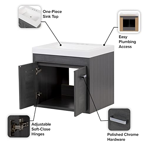 Spring Mill Cabinets Marlowe Floating Bathroom Vanity with 2-Door Cabinet and White Countertop with Integrated Sink, 24.5" W x 18.75" D x 22.25" H, Phantom