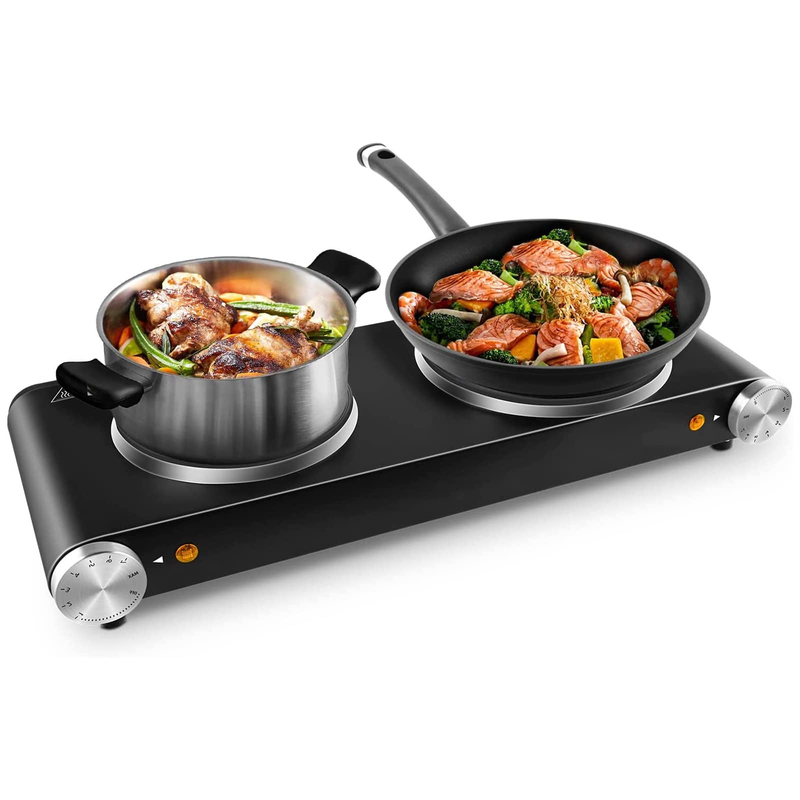 Electric Double Burner Hot Plate - with Heat-up in Seconds for Cooking(Black)