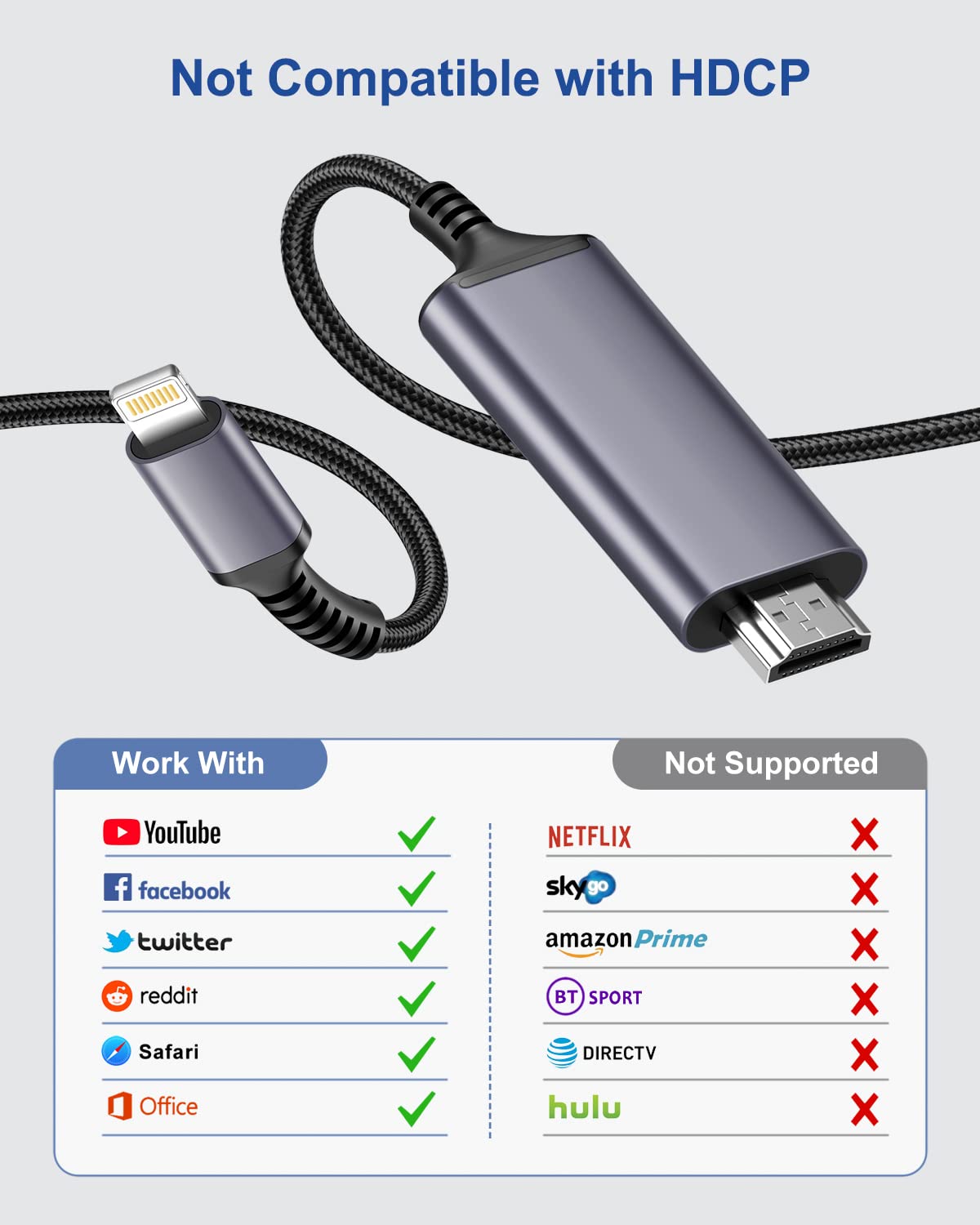 Lightning to HDMI Cable Adapter for iPhone, [Apple MFi Certified] iPhone to hdmi Adapter Cable to TV with iPhone/iPad/iPod 1080P Digital AV Sync Screen Connector on HDTV/Monitor/Projector-6.6 Ft/2M