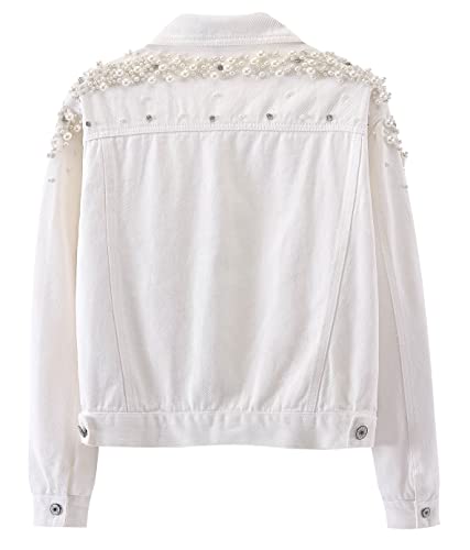 Kedera Women's Embroidered Rivet Pearl Short Denim Jacket Coat (White, Medium)