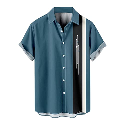 Mens Slim-Fit Blouses V-Neck Casual Printing Vacation Beach Shirts Short-Sleeved Button Down Open Front Tops Blue