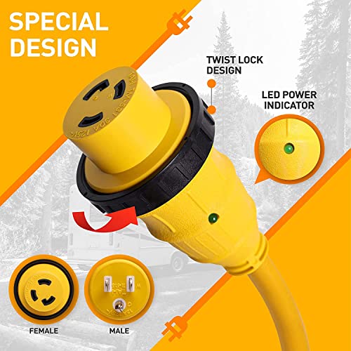 Marvine RV/Boat Shore Power Adapter 1.5FT 15 Amp to 30 Amp NEMA 5-15P to L5-30R Twist Lock Female with LED Indicator STW10/3 Heavy Duty