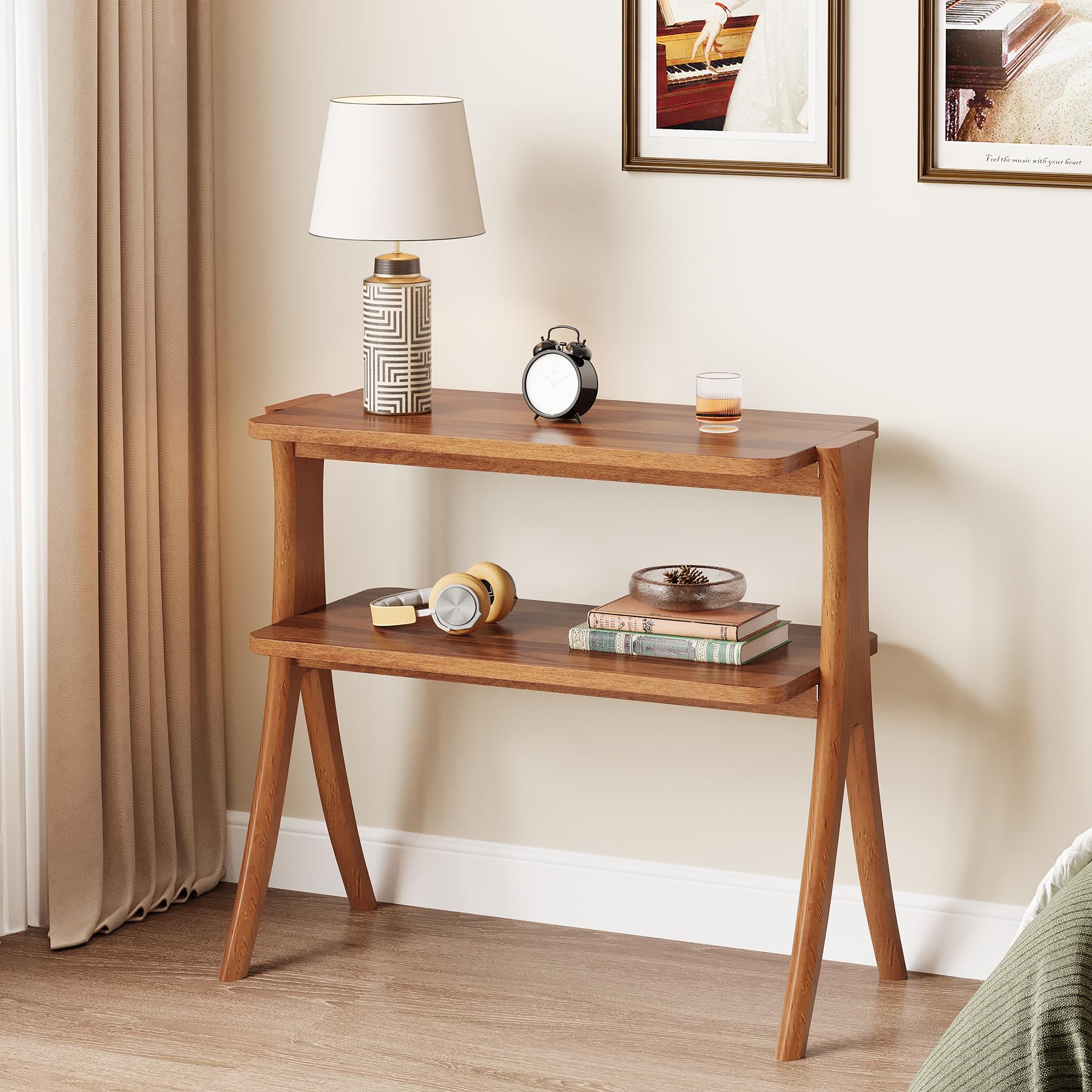 Tribesigns Narrow Side Table for Living Room, Farmhouse End Table with 2-Tier Storage Shelf and Solid Wood Legs, Slim Modern Bedside Table Nightstand for Bedroom, Small Spaces, Entryway, Walnut (2)
