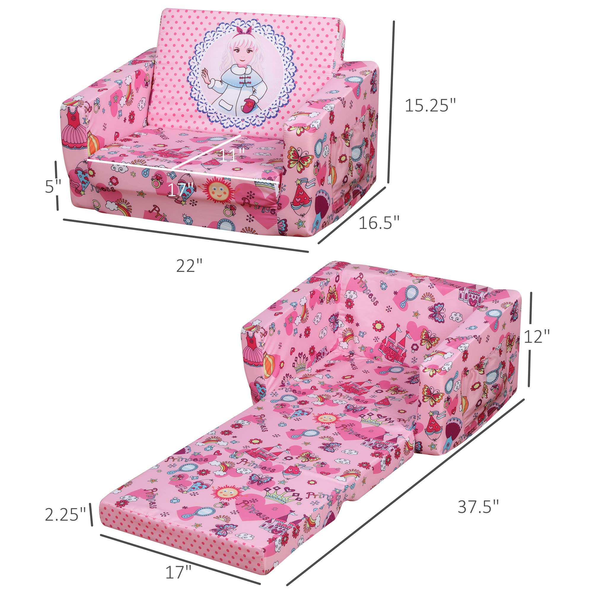 Qaba Kids Fold-Out Couch/Chair Lounger with Space-Themed Washable Fabric & Removable Cushion for 3-6 Years Old, Pink