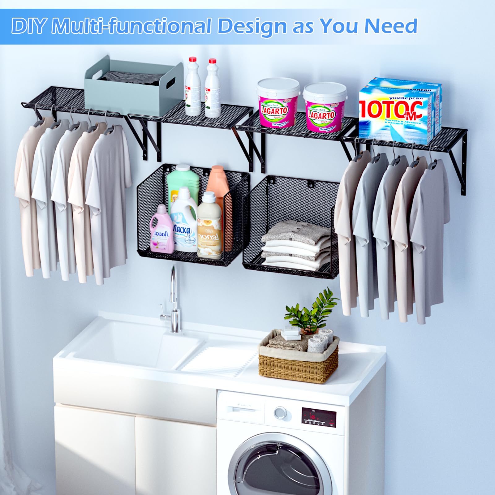 QHH Laundry Room Shelves Wall Mounted with Floating Shelves with Wire Storage Basket, Over The Washer and Dryer Shelf with Clothes Drying Rack, Wire Shelves Baskets for Laundry Organization
