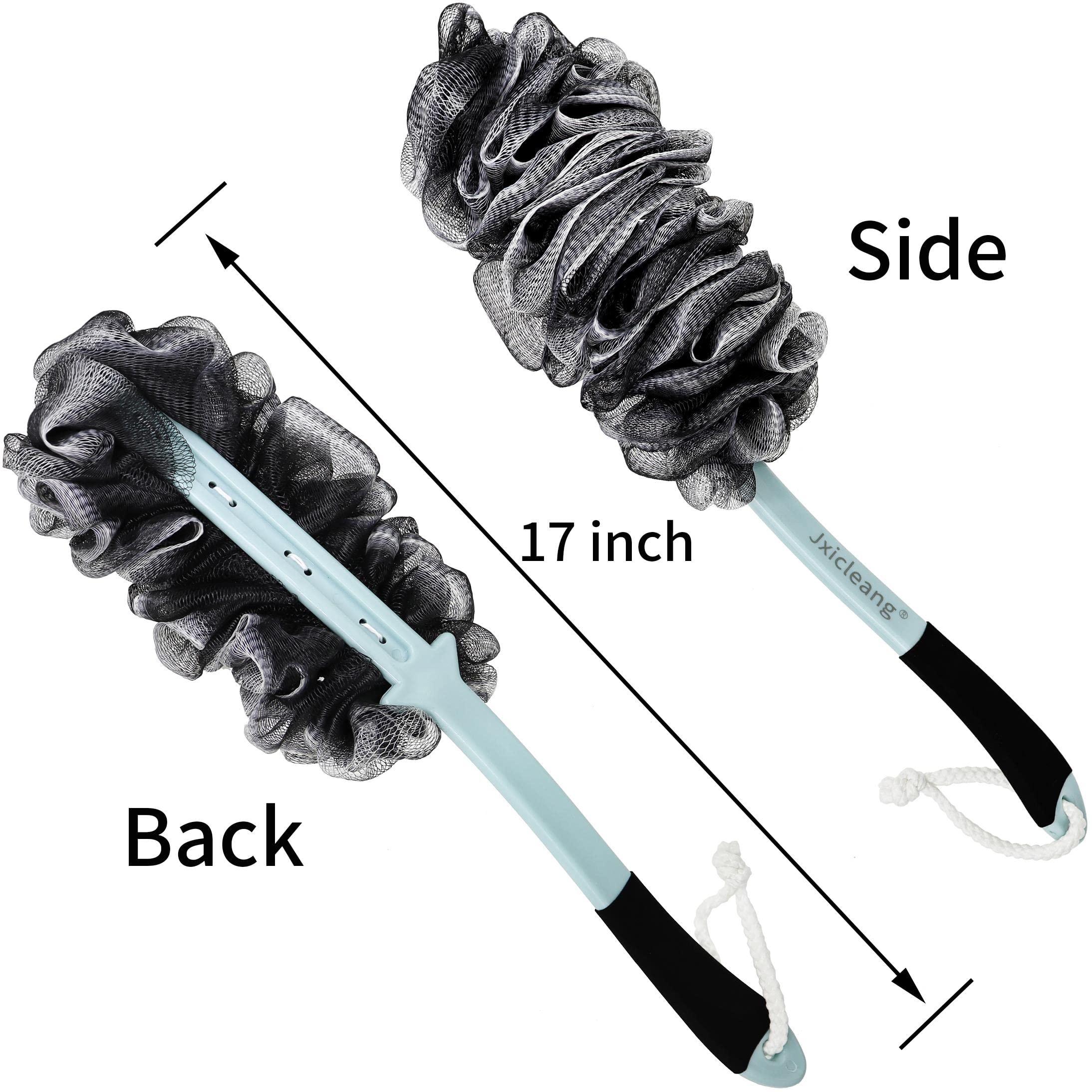 Jxicleang Non-Slip Long Handle Back Scrubber for Shower, Soft Nylon Mesh Exfoliating Back Scrub Bath Brush, Back Loofah for Men Women Elderly Kids (Light Black)