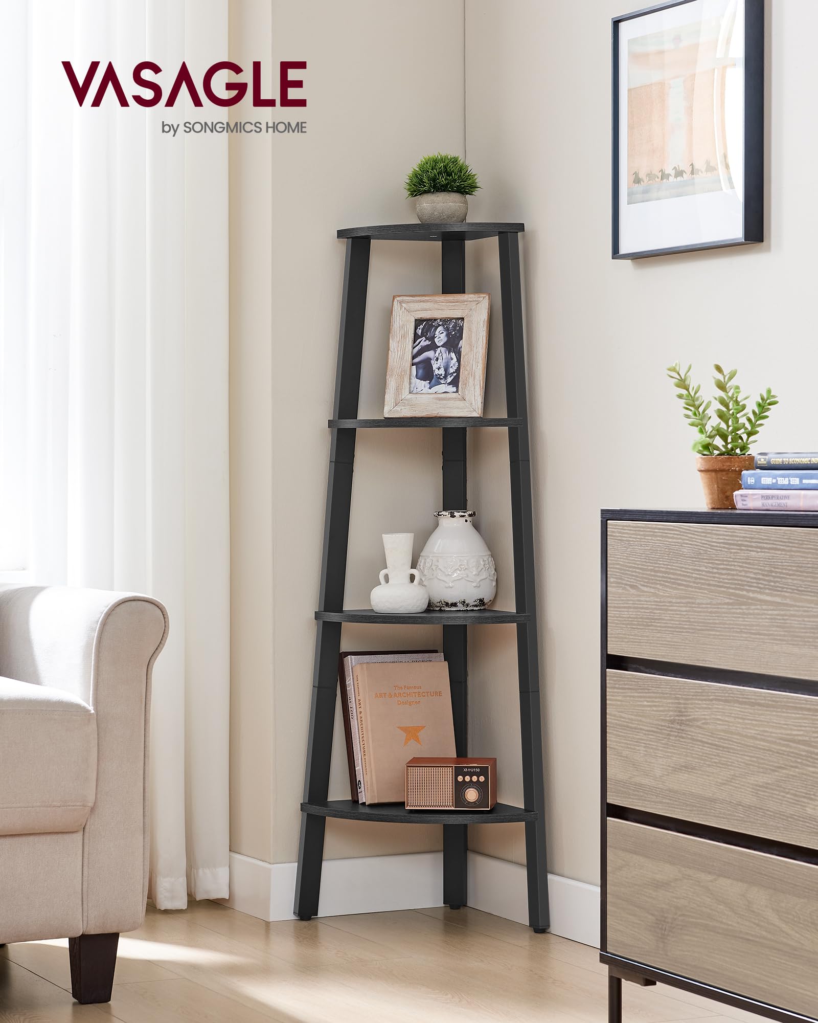VASAGLE Corner Shelf Stand, 4-Tier Corner Bookshelf, Industrial Corner Ladder Shelf, Plant Stand Display Shelf for Living Room, Office, Kitchen, Charcoal Gray and Matte Black ULLS034B22