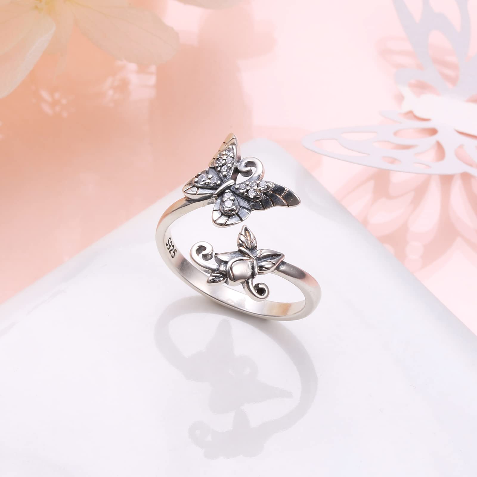 HOOHWE 925 Sterling Silver Butterfly Ring for Women,Adjustable Size,Adjustable Size