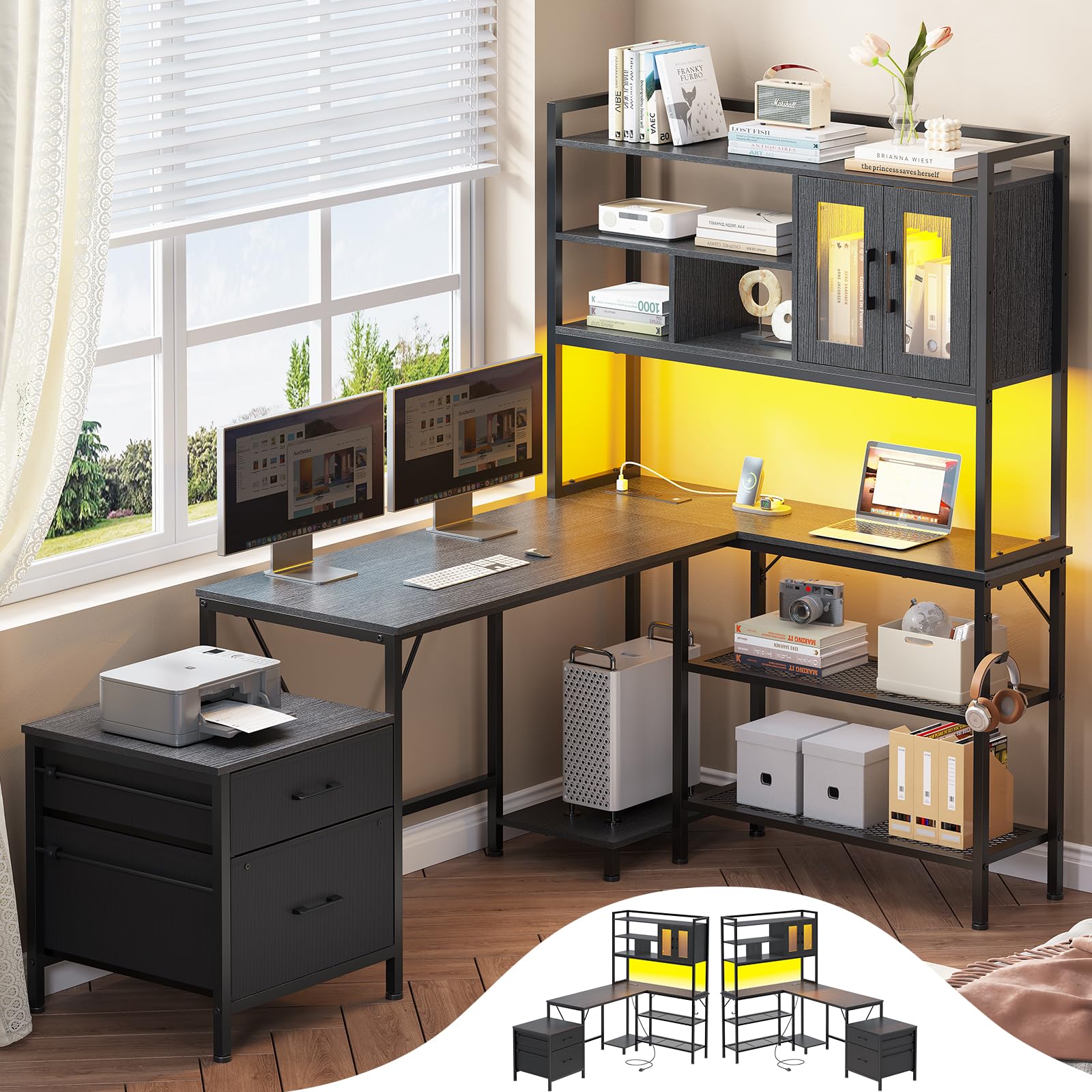 UPOSOJA L Shaped Gaming Desk with Hutch, Reversible Computer Desk with Drawers, Storage Shelves & Pegboard, Modern Home Office Desks with LED Lights & Power Outlet, Corner Desk Black