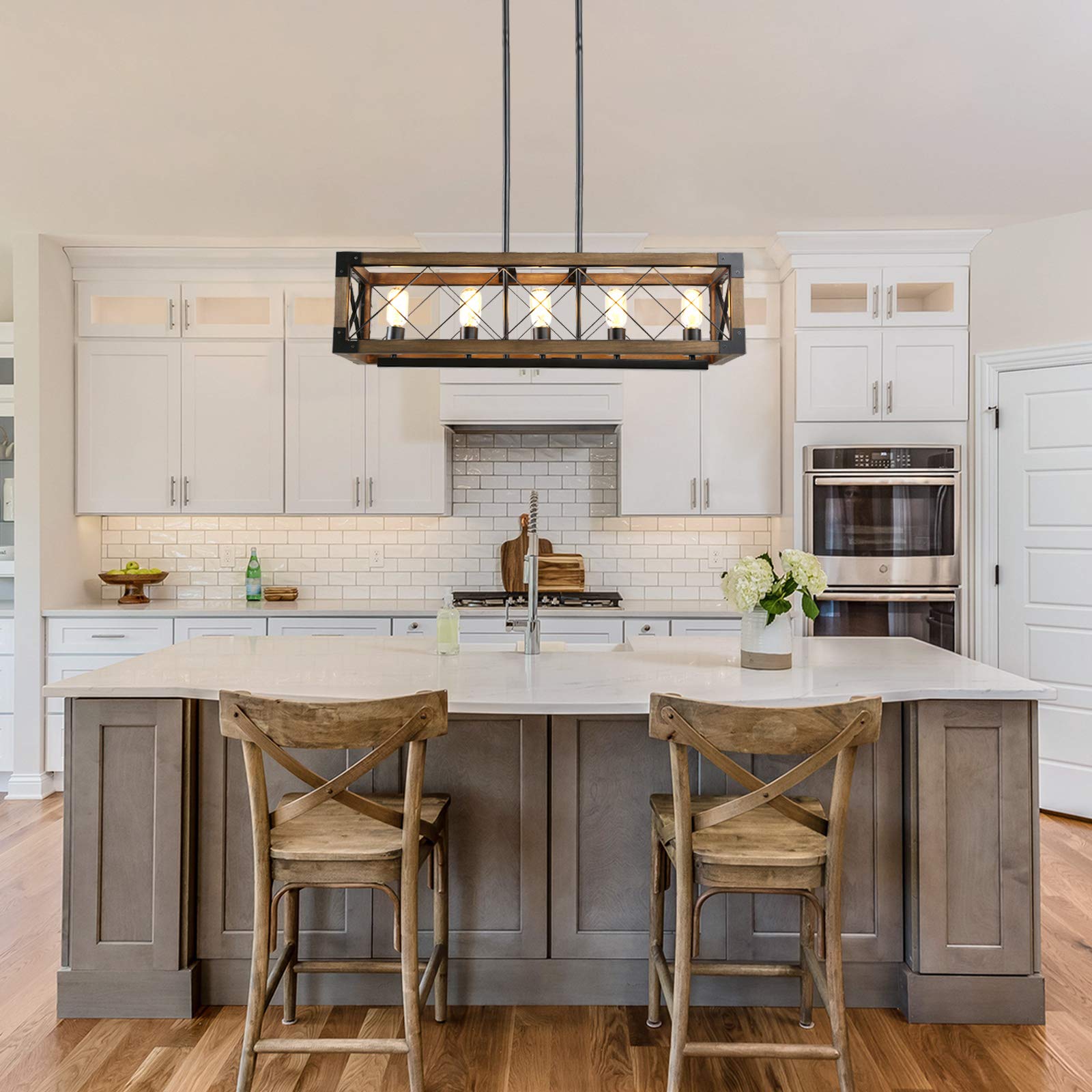 Farmhouse Chandelier for Dining Rooms, 3-Light Rectangular Chandelier, Wood Kitchen Island Lighting, 23.5'' L