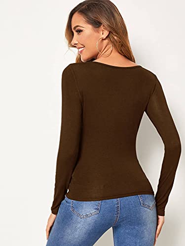 SweatyRocks Women's Long Sleeve Scoop Neck Basic Solid Slim fit Tee Shirt Top Solid Brown XL