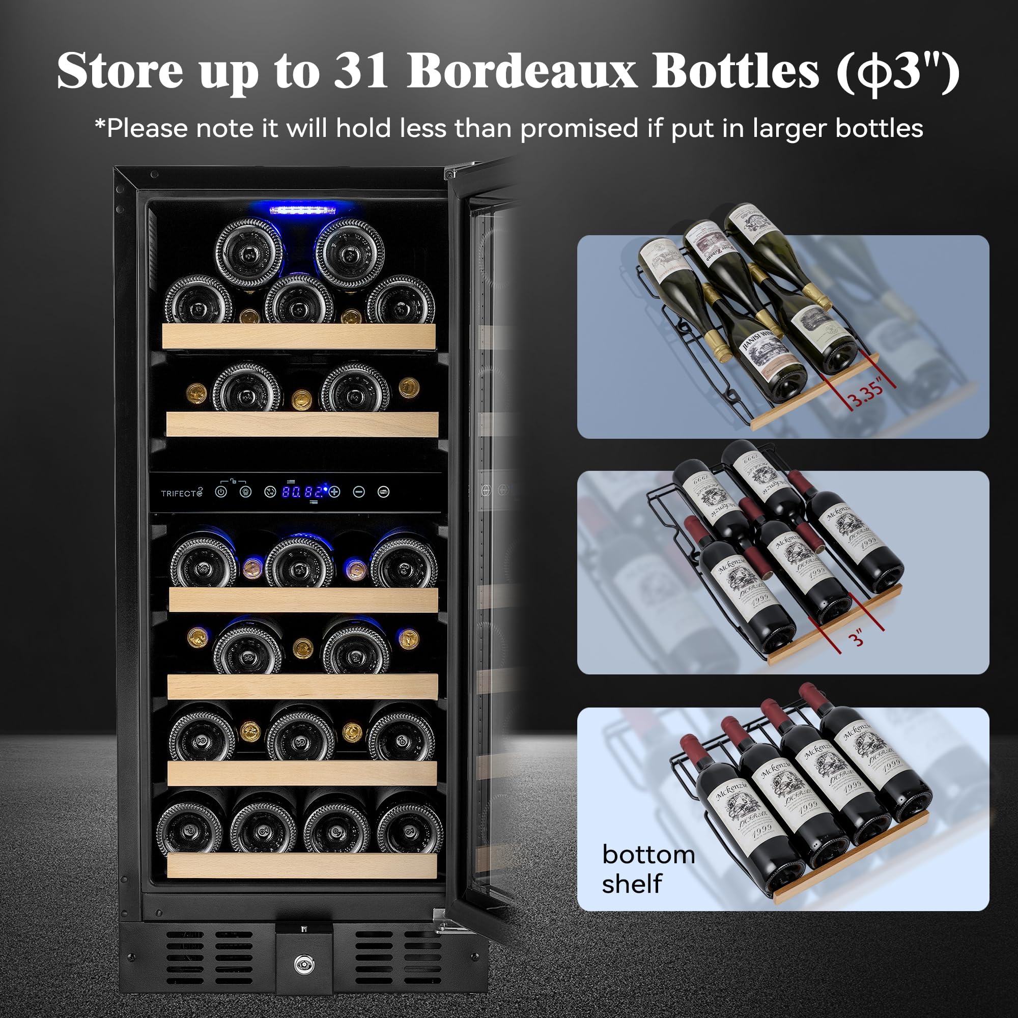 TRIFECTÉ Wine Cooler Refrigerator 15", 31 Bottles Dual Zone Wine Fridge, Built-in or Freestanding Small Wine Cellar with Compressor & Reversible Stainless Steel Tempered Glass Door