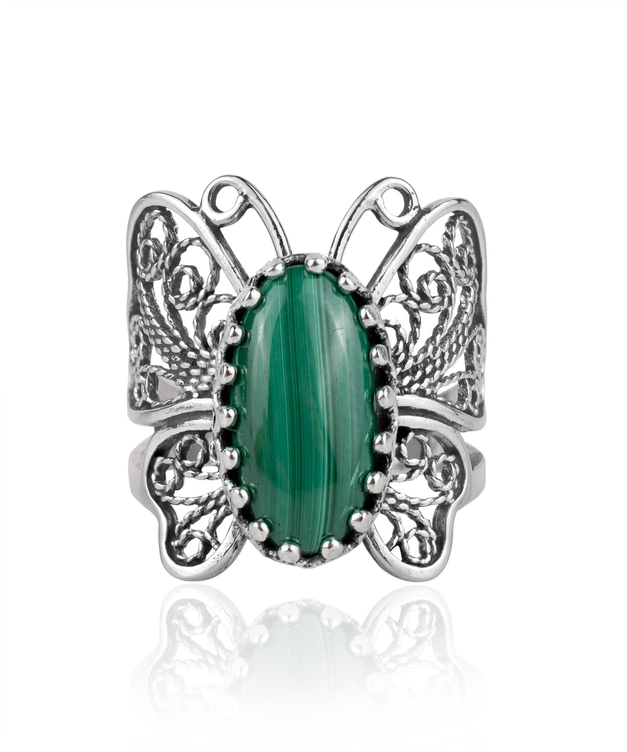 Filigranist Sterling Silver Filigree Art Butterfly Women Cocktail Ring with Gemstones (Malachite, 9)