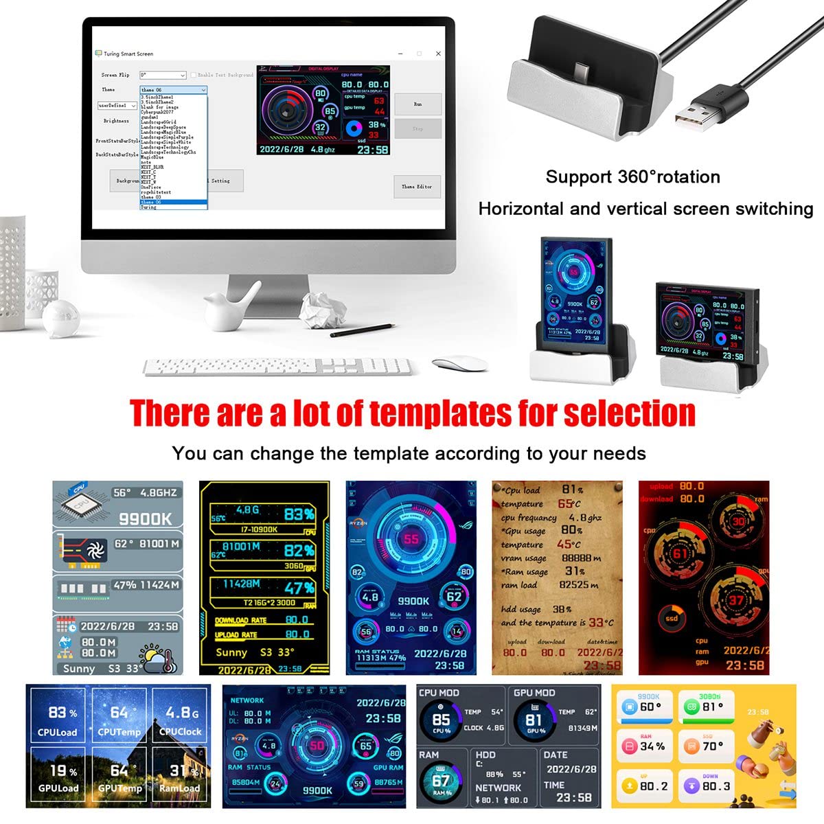 Nemeae 3.5 Inch IPS USB Mini Screen AIDA64 CPU RAM HDD Data Monitor Computer Temperature Display Type-C Sub Screen