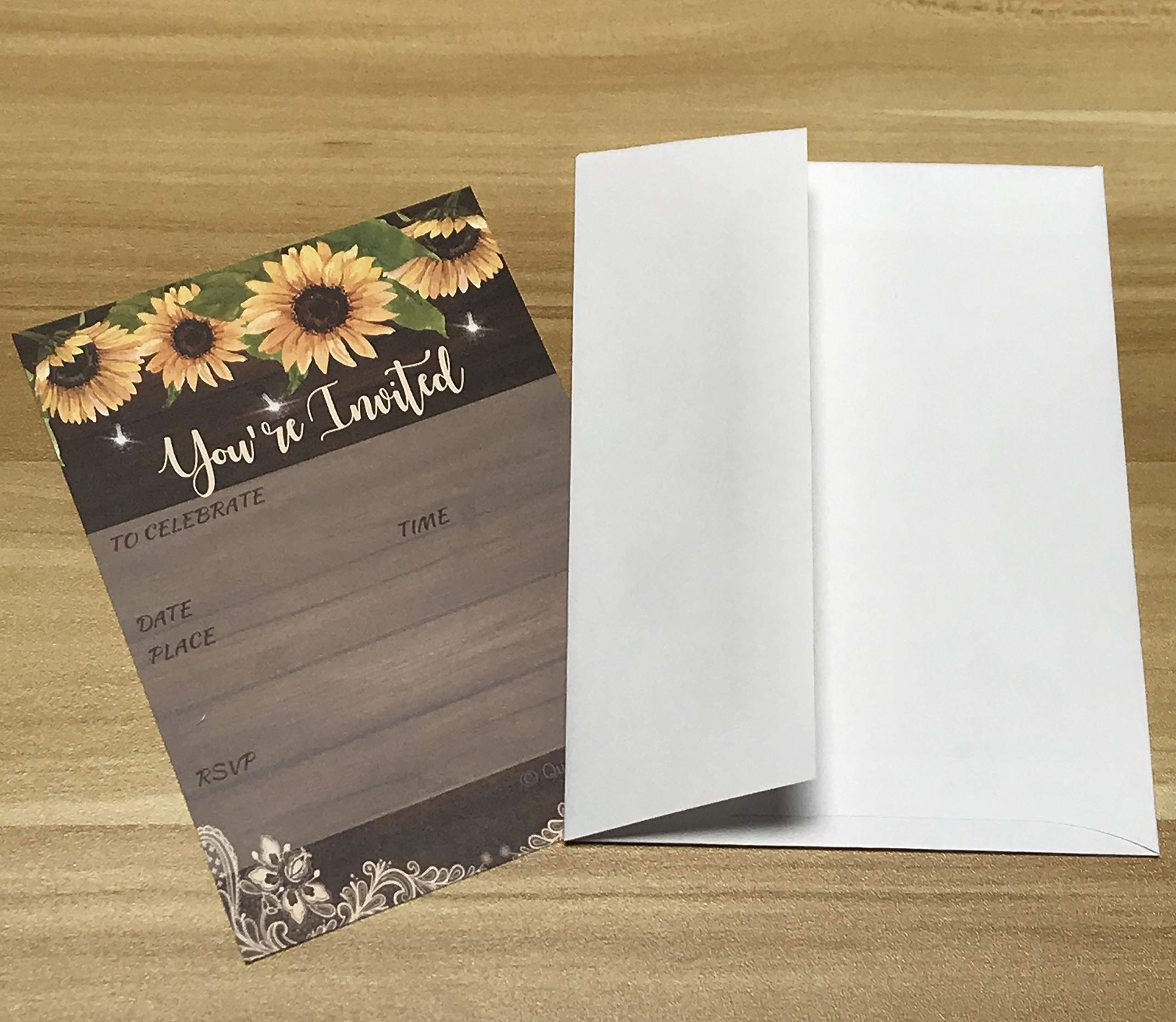 QualityVibe 25 Sunflower, rustic Wood & lace Invitations with 25 Envelopes For Weddings, bridal shower, birthdays, housewarming, retirement, engagements and much more events.