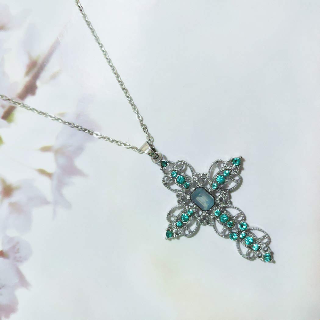 Faruodis Cross Bohemian Pendant Necklace Crystal Celtic Chain Jewelry for Women (Blue)