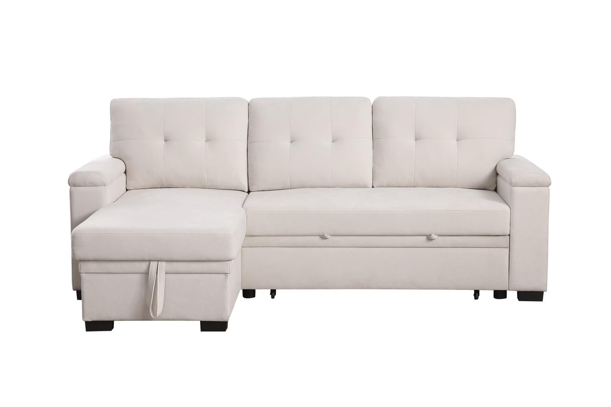Lilola Home Lucca II 84.5" W Beige Woven Fabric Reversible Sleeper Sectional Sofa with Storage Chaise and Pocket Coil Seating