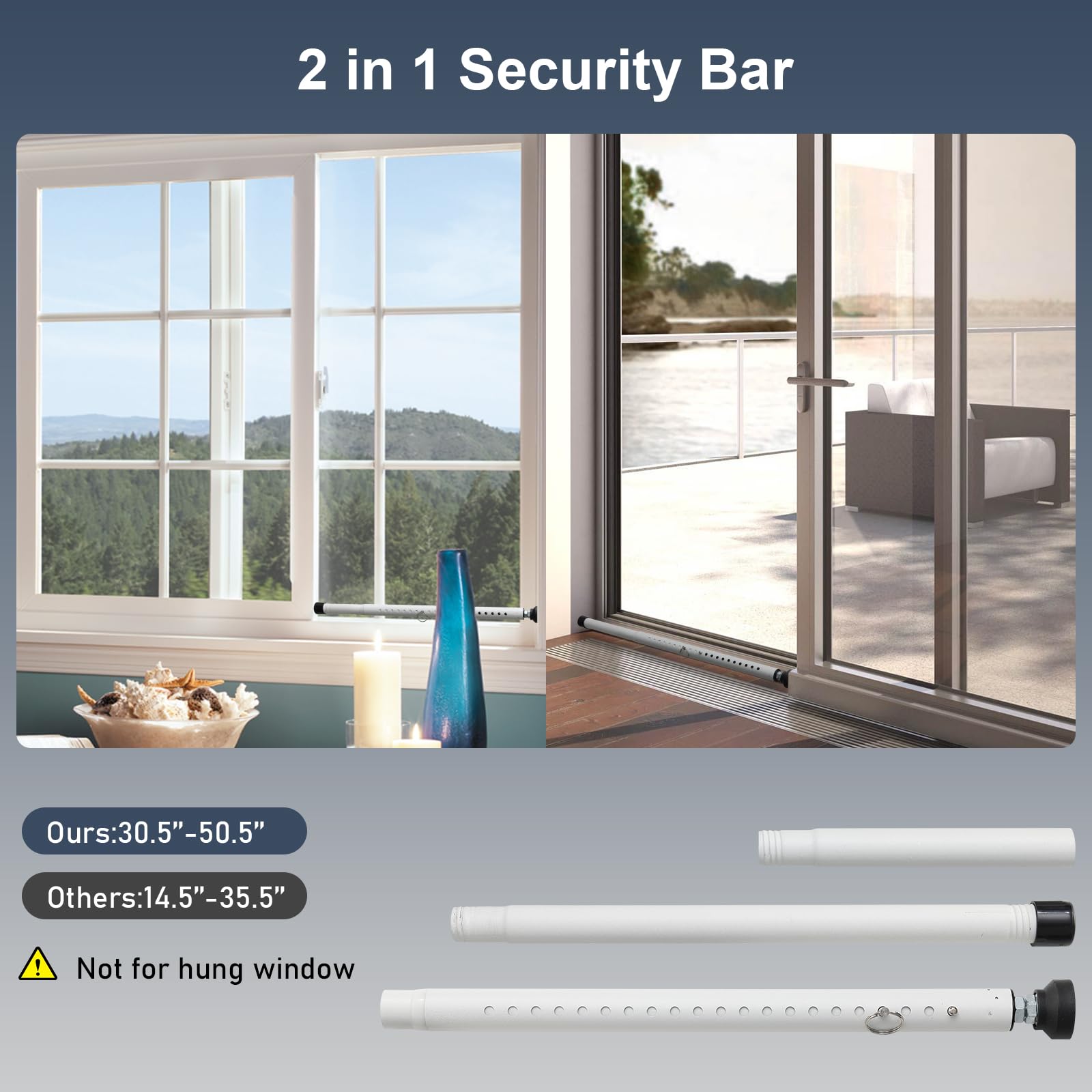 DIIG Sliding Door Security Bar,17.7-50.5inch Adjustable Locking Window Safety Bar with Rubber Tips,Diameter 1inch Window Security Bar for Home Apartment (White)