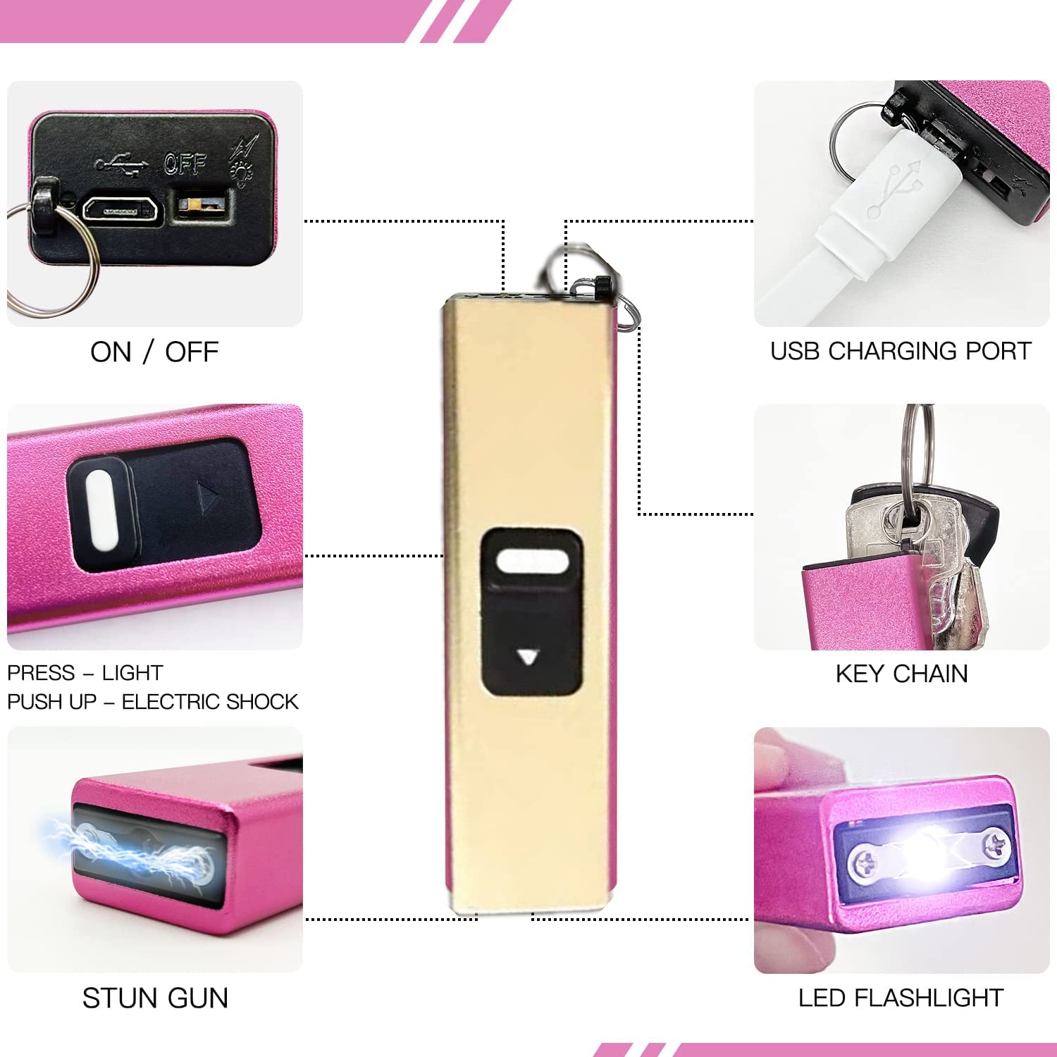 Fashion Woman Micro USB Keychain Stun Gun Rechargeable with LED Flashlight