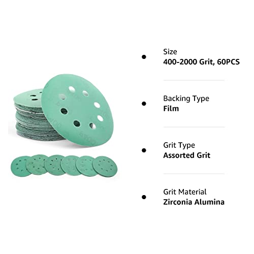 LotFancy 5 Inch 8 Hole Sanding Discs - 60PCS 400 600 800 1000 1500 2000 Grit Wet Dry Sandpaper Fine Grit Assortment, Green Film Backed, Hook and Loop Random Orbital Sander Sand Paper