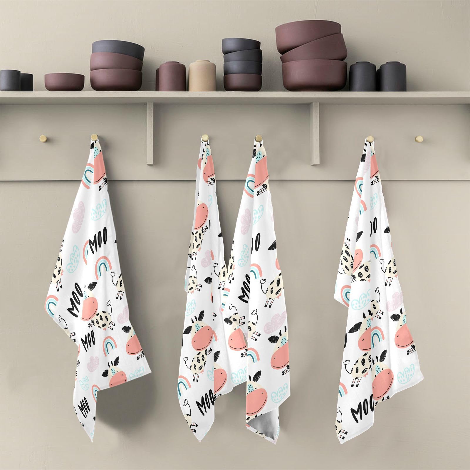 Kigai Cow Kitchen Towels, 18 x 28 Inch Super Soft and Absorbent Dish Cloths for Washing Dishes, 4 Pack Reusable Multi-Purpose Microfiber Hand Towels for Kitchen