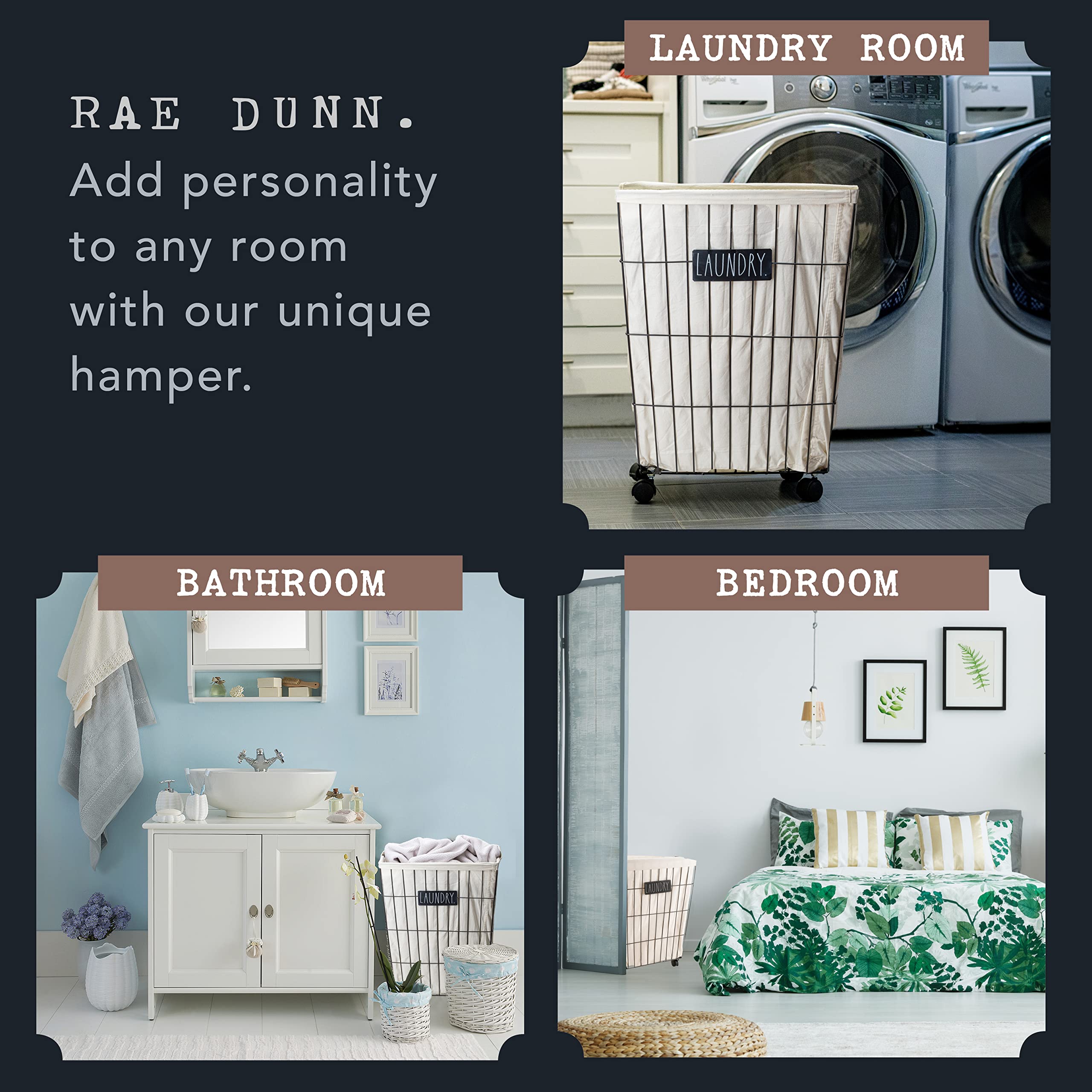 Rae Dunn Heavy Duty Laundry Hamper on Wheels - Lined Basket with Removable Cloth Liner - By Designstyles