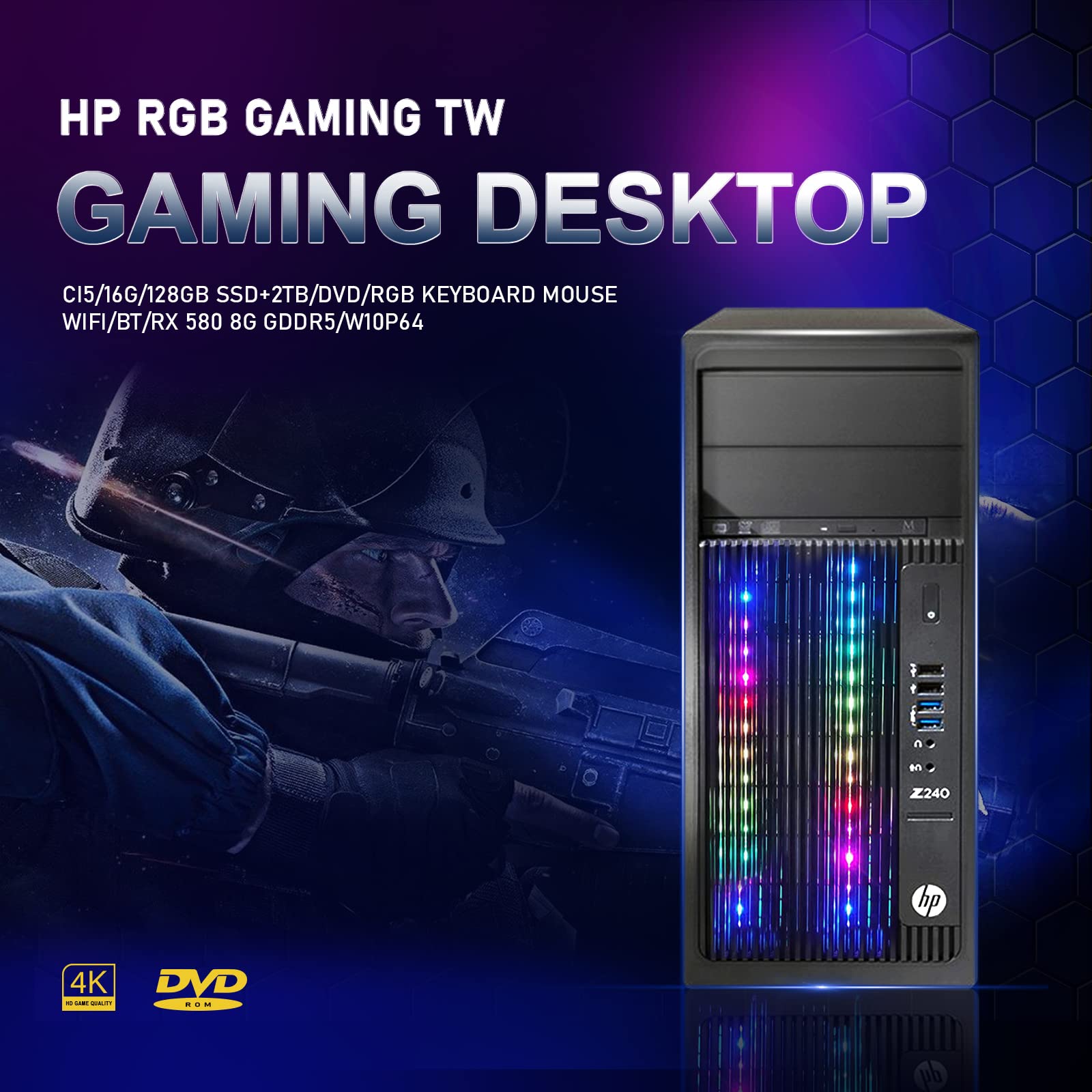 HP RGB Gaming Desktop PC, Intel Quad I5 up to 3.6GHz, 16GB RAM, Radeon RX 580 8G GDDR5, 128G SSD + 2TB, WiFi & Bluetooth, RGB Keyboard & Mouse, Win 10 Pro (Renewed)