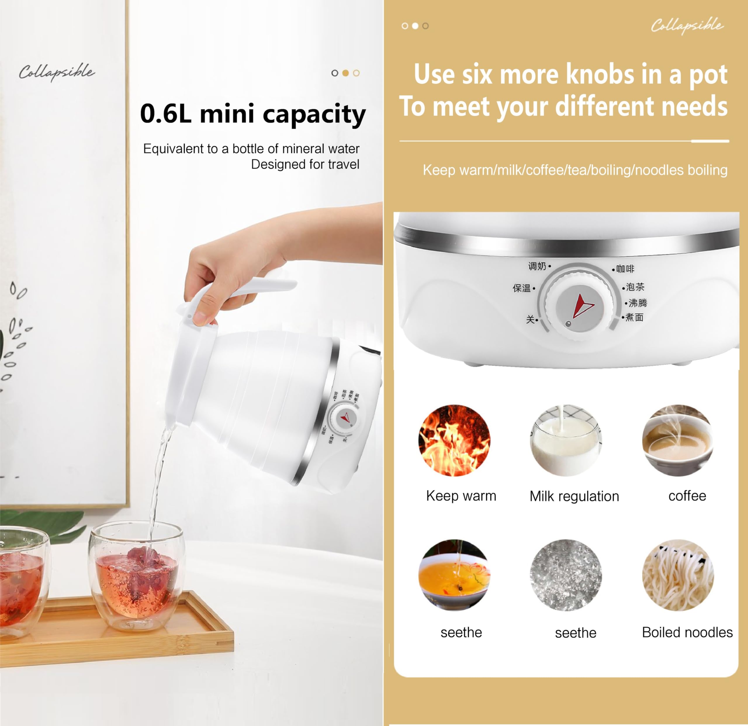Electric Kettle,Collapsible Food Grade Silicone Small Portable Kettle,Temperature Adjustable,Travel Foldable Kettle,Boiling water for Tea Coffee,Boil Dry Protection (600ml,110V,600W,US Plug) (White)